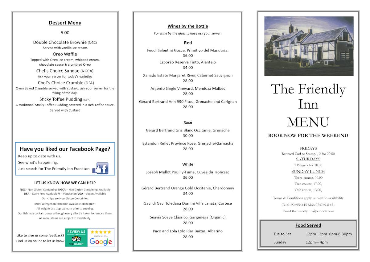 Menu at The Friendly Inn pub & bar, Stretton-on-Dunsmore