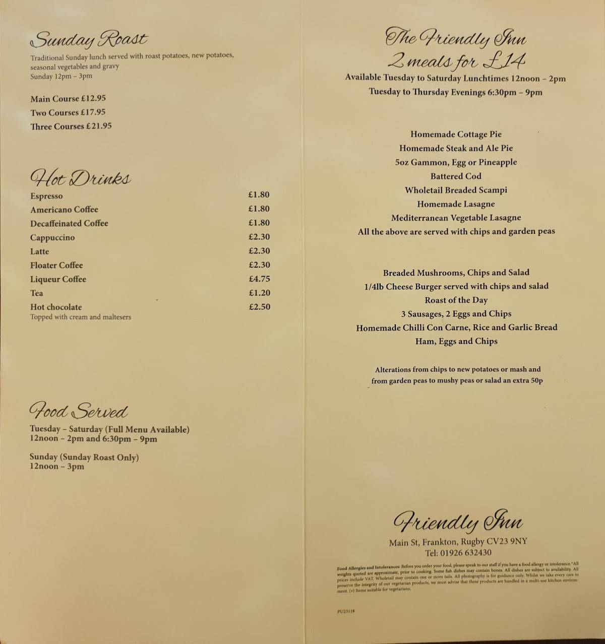 Menu at The Friendly Inn pub & bar, Stretton-on-Dunsmore