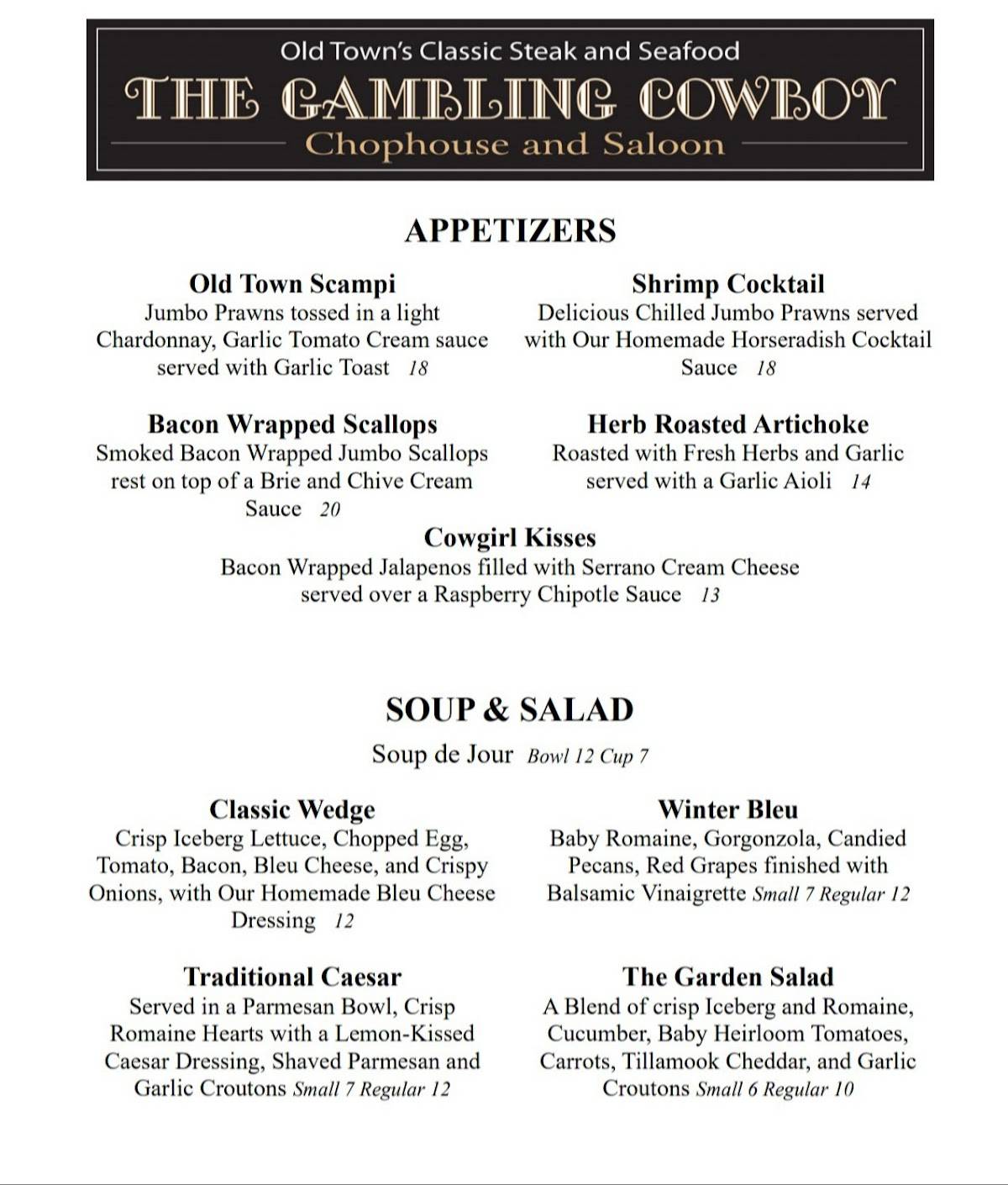 Menu at The Gambling Cowboy steakhouse, Temecula