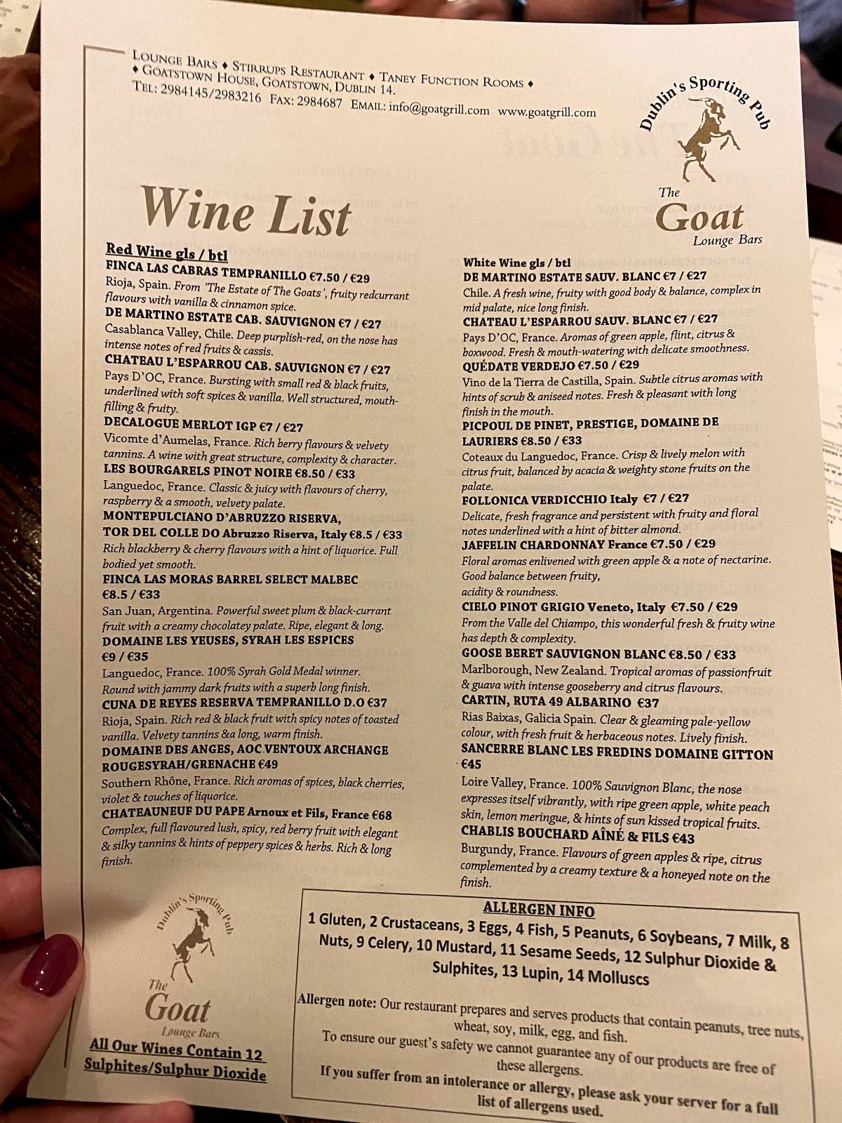 Menu at The Goat Bar & Grill, Dublin, 14 Lower Kilmacud Rd
