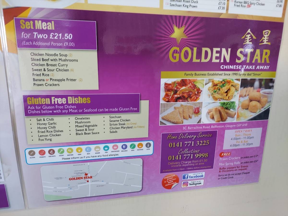 Menu at The Golden Star fast food, Glasgow, 3C Barrachnie Rd
