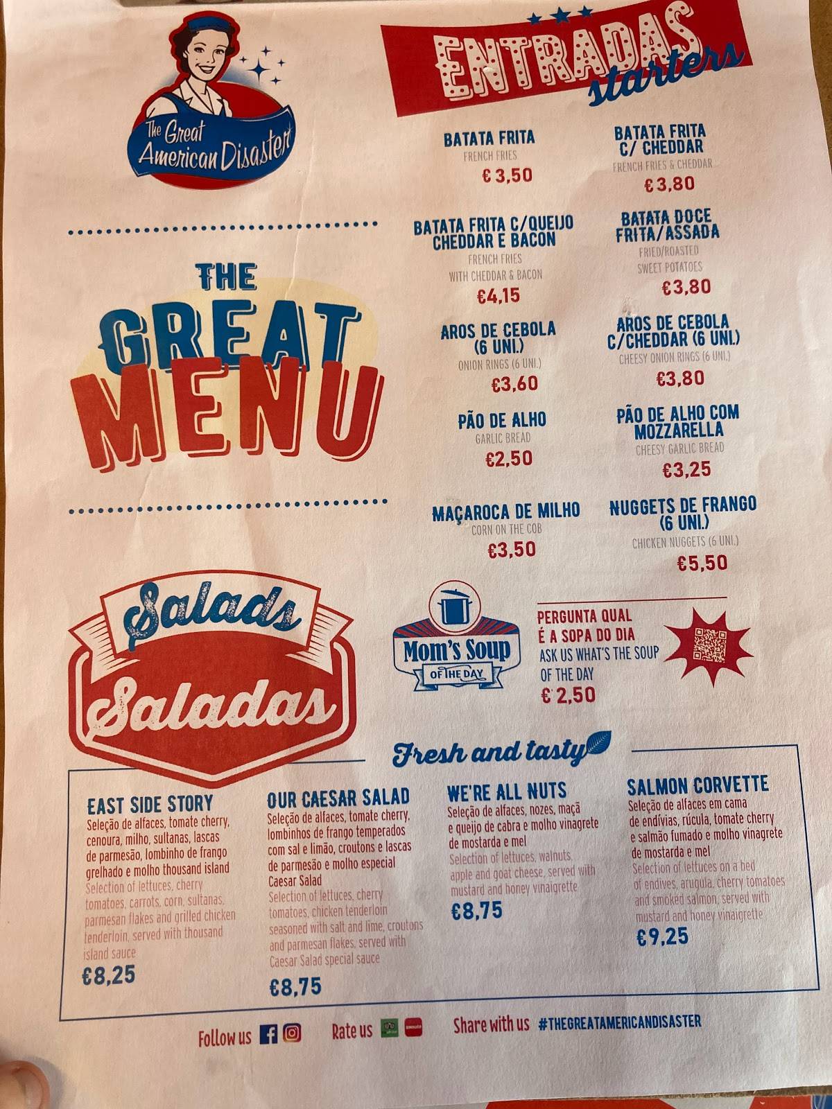 Menu at The Great American Disaster pub & bar, Lisbon