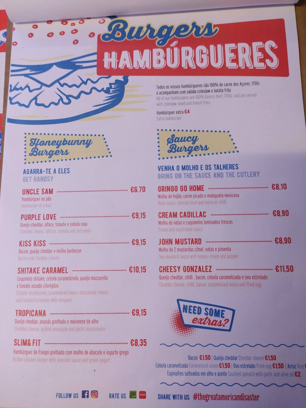Menu at The Great American Disaster pub & bar, Lisbon