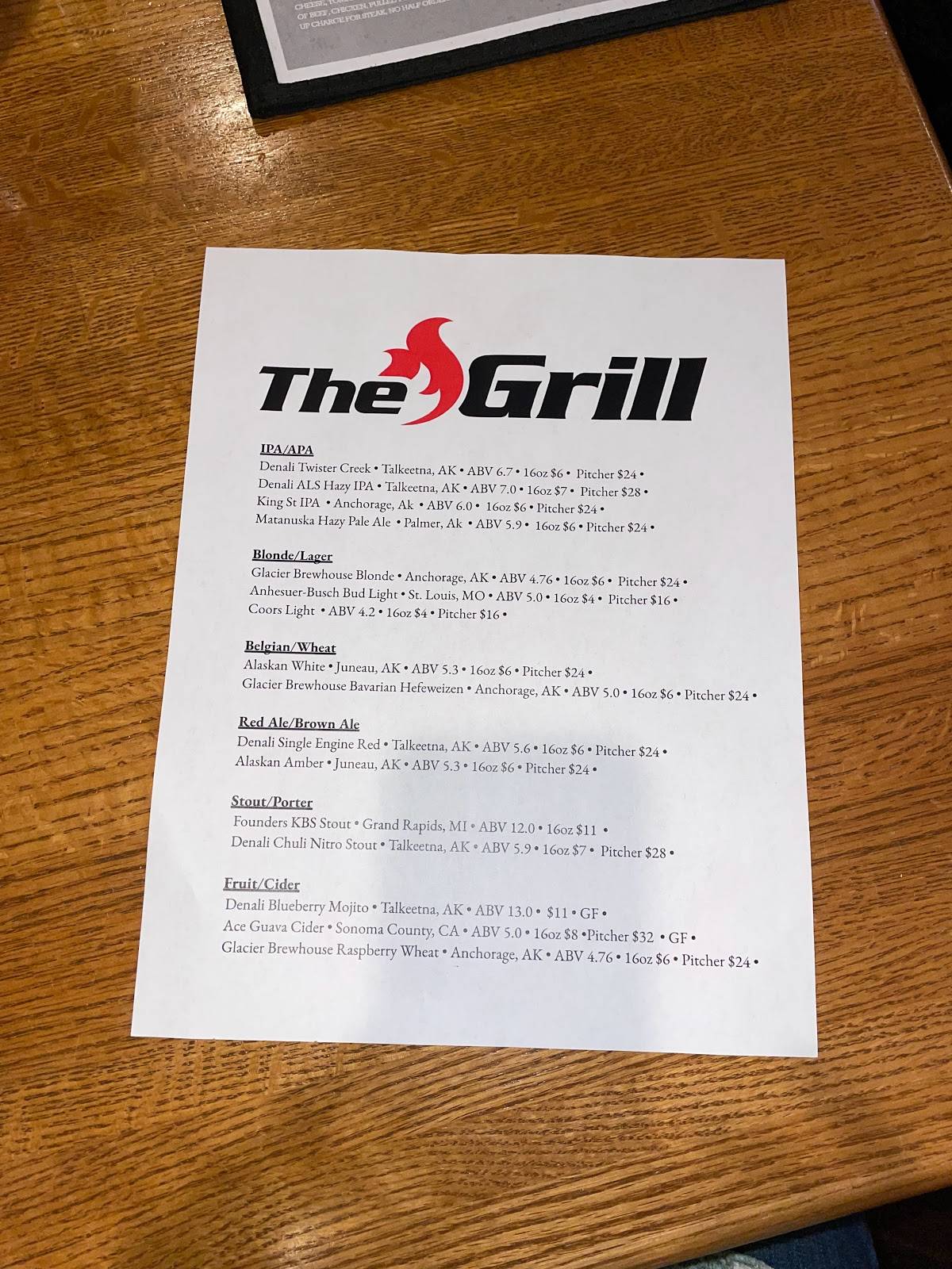 Menu at The Grill pub & bar, Wasilla
