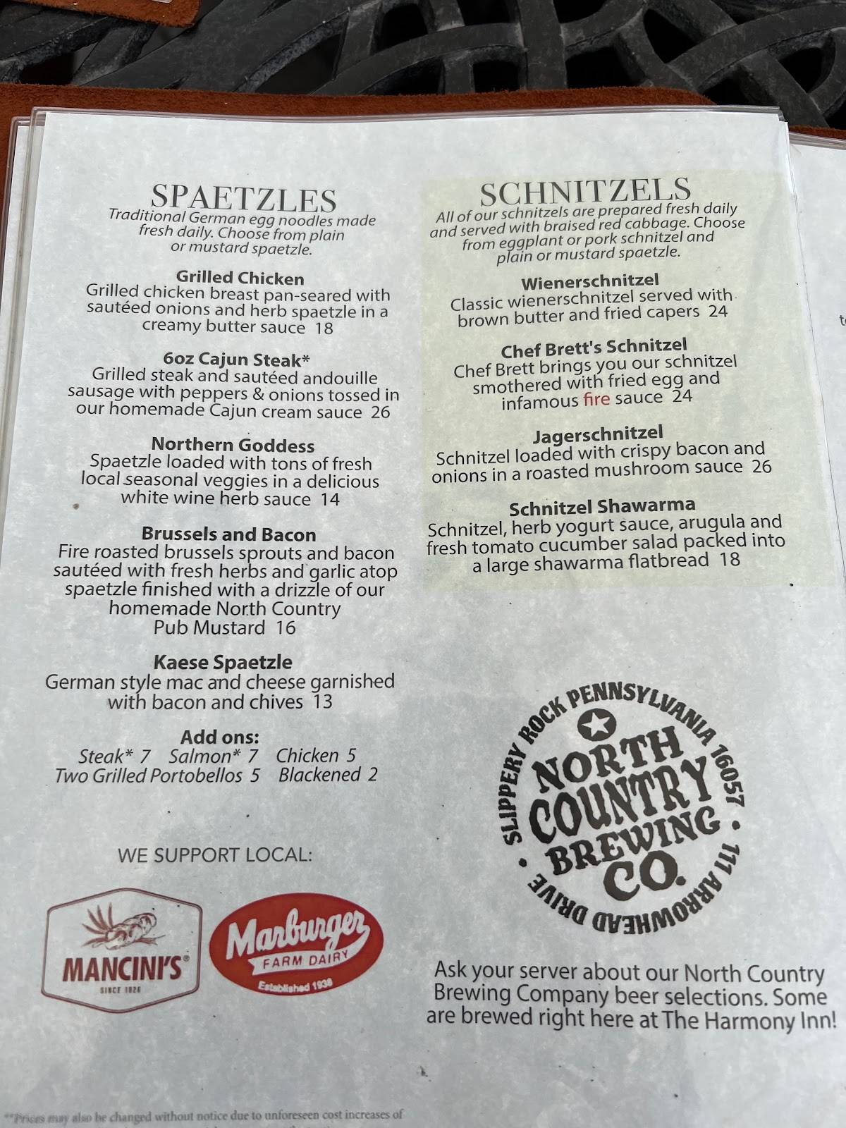 Menu at The Harmony Inn pub & bar, Harmony