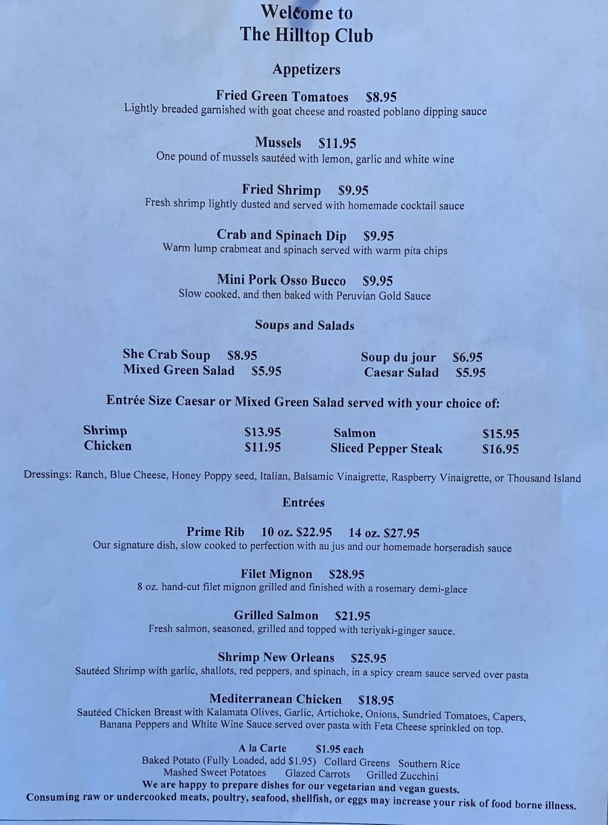 Menu at The Hilltop Restaurant, Orange Park