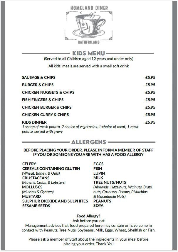Menu at The Homeland Diner Cafe, Rathfriland