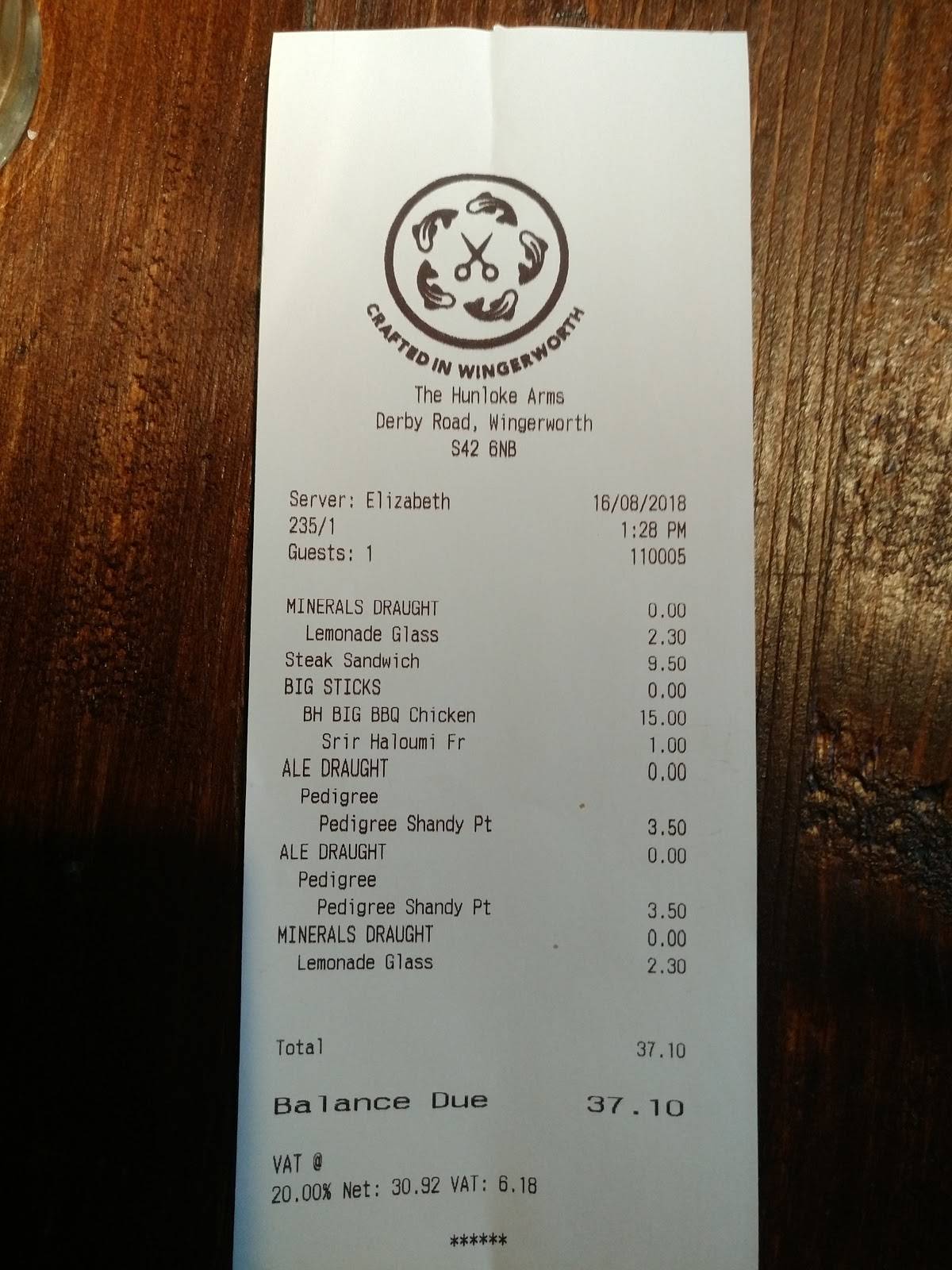Menu at The Hunloke Arms restaurant, Chesterfield, Derby Rd