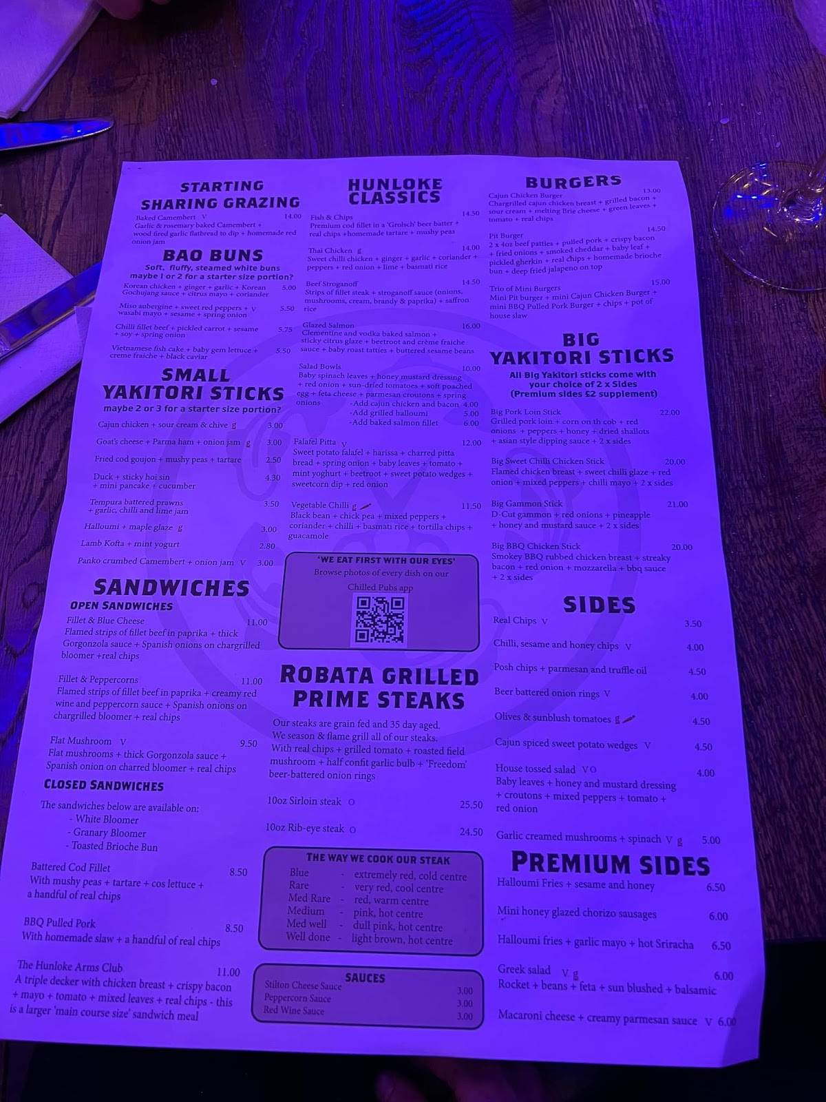 Menu at The Hunloke Arms restaurant, Chesterfield, Derby Rd