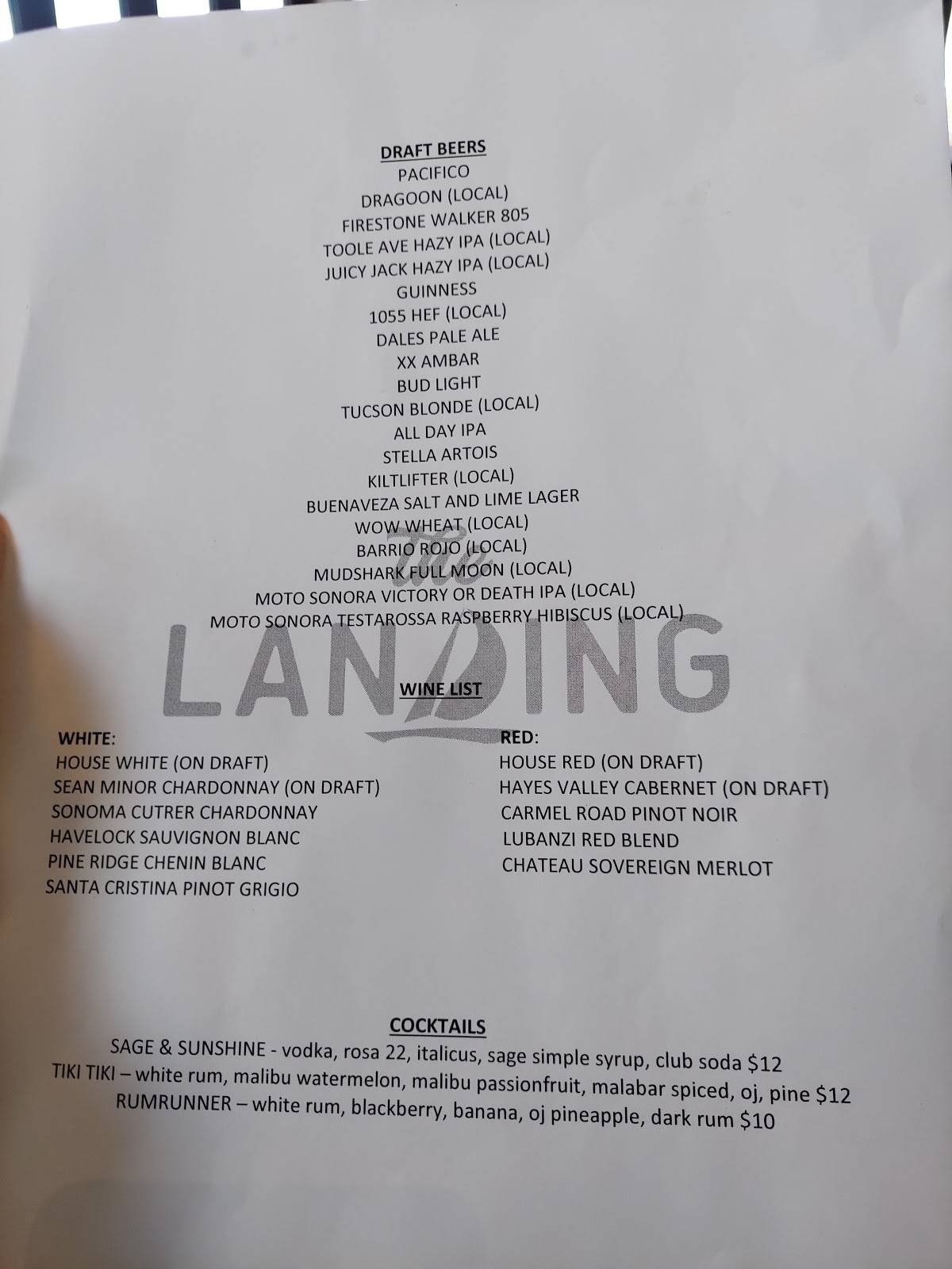 Menu at The Landing restaurant, Oro Valley