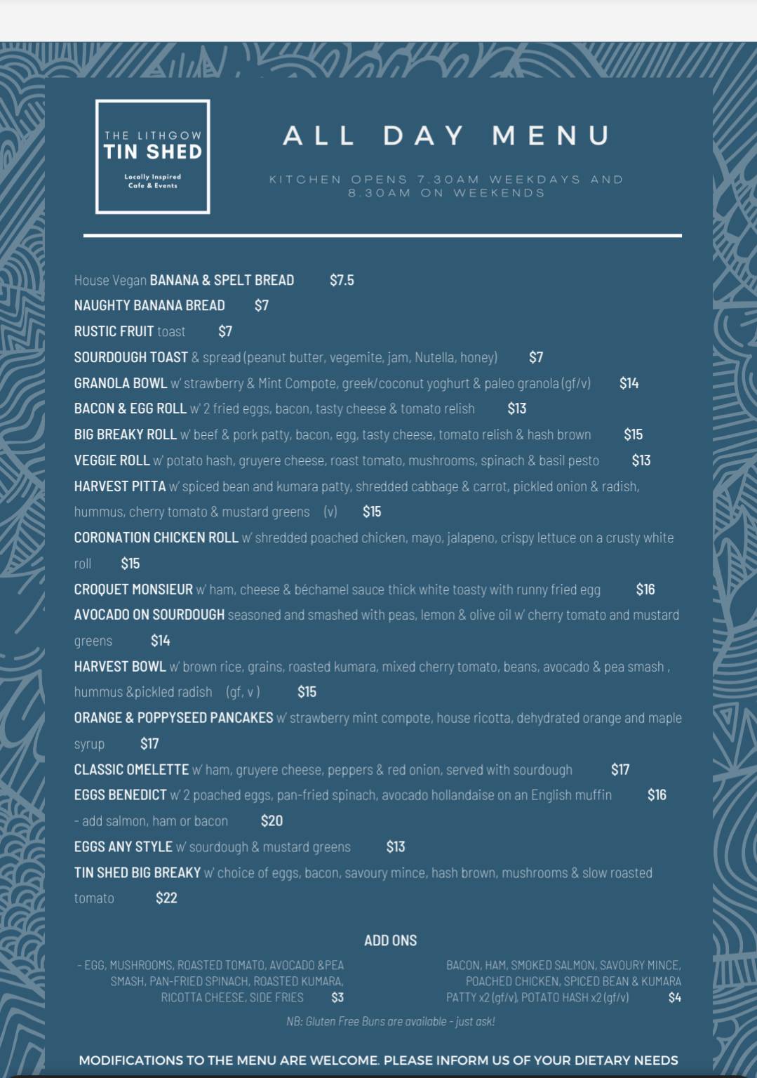 Menu at The Lithgow Tin Shed cafe, Lithgow, 69 Bridge St