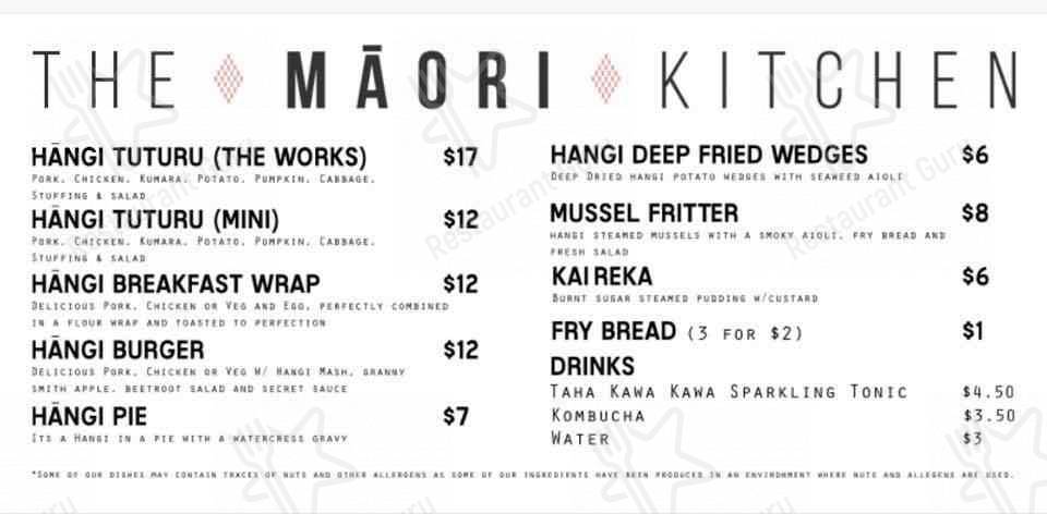 Menu at The Maori Kitchen restaurant, Auckland