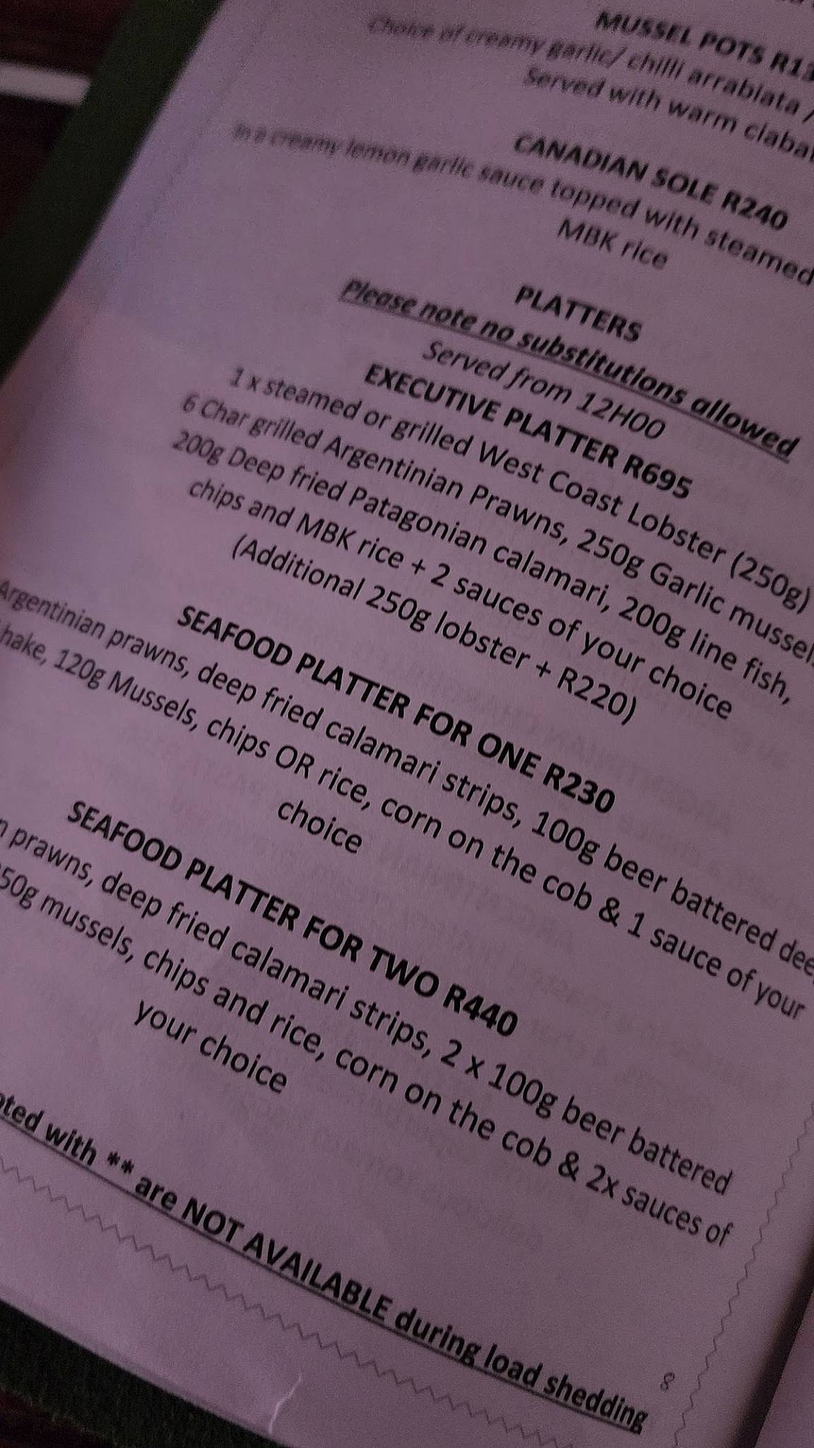 Menu at The Melkbos Kitchen restaurant, Cape Town