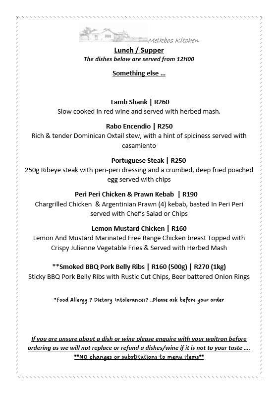 Menu at The Melkbos Kitchen restaurant, Cape Town