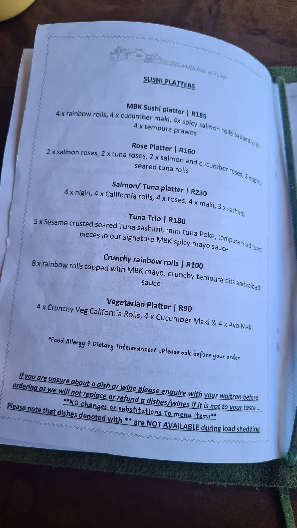 Menu at The Melkbos Kitchen restaurant, Cape Town