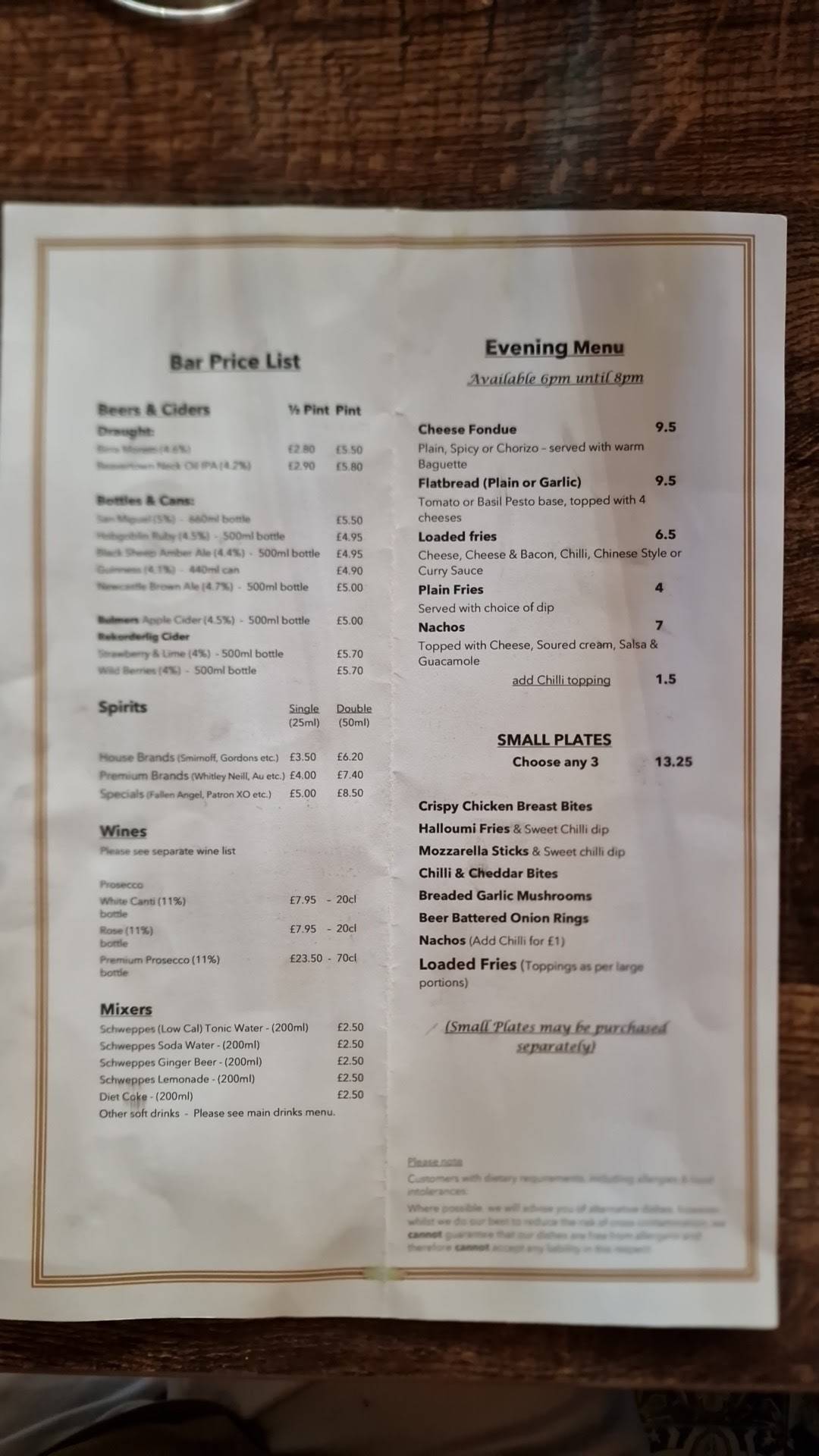 Menu at The Naughty Habit pub & bar, Middlesbrough