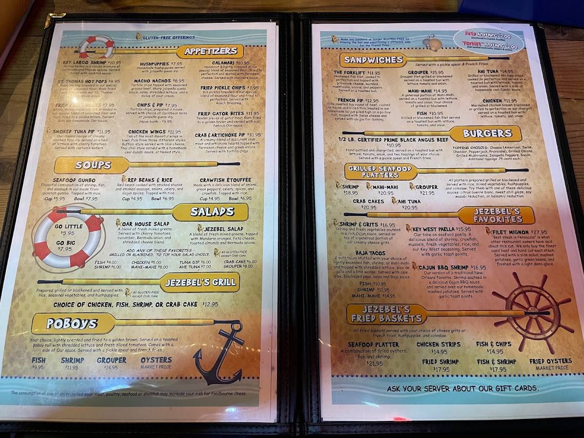 Menu at The Oar House restaurant, Pensacola, S Pace Blvd