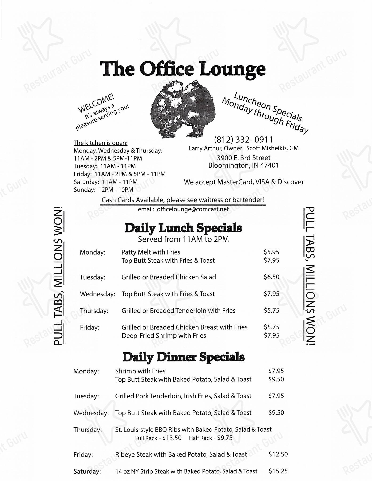 Menu at The Office Lounge & Liquor Store pub & bar, Bloomington