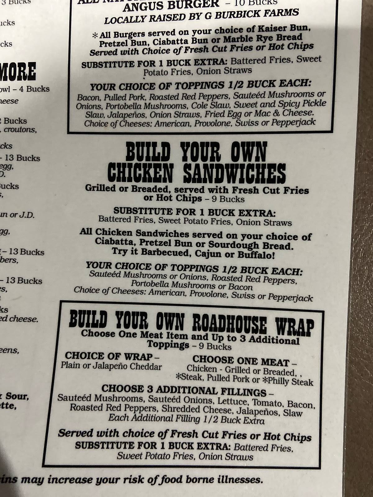 Menu at The Original Roadhouse steakhouse, East Palestine