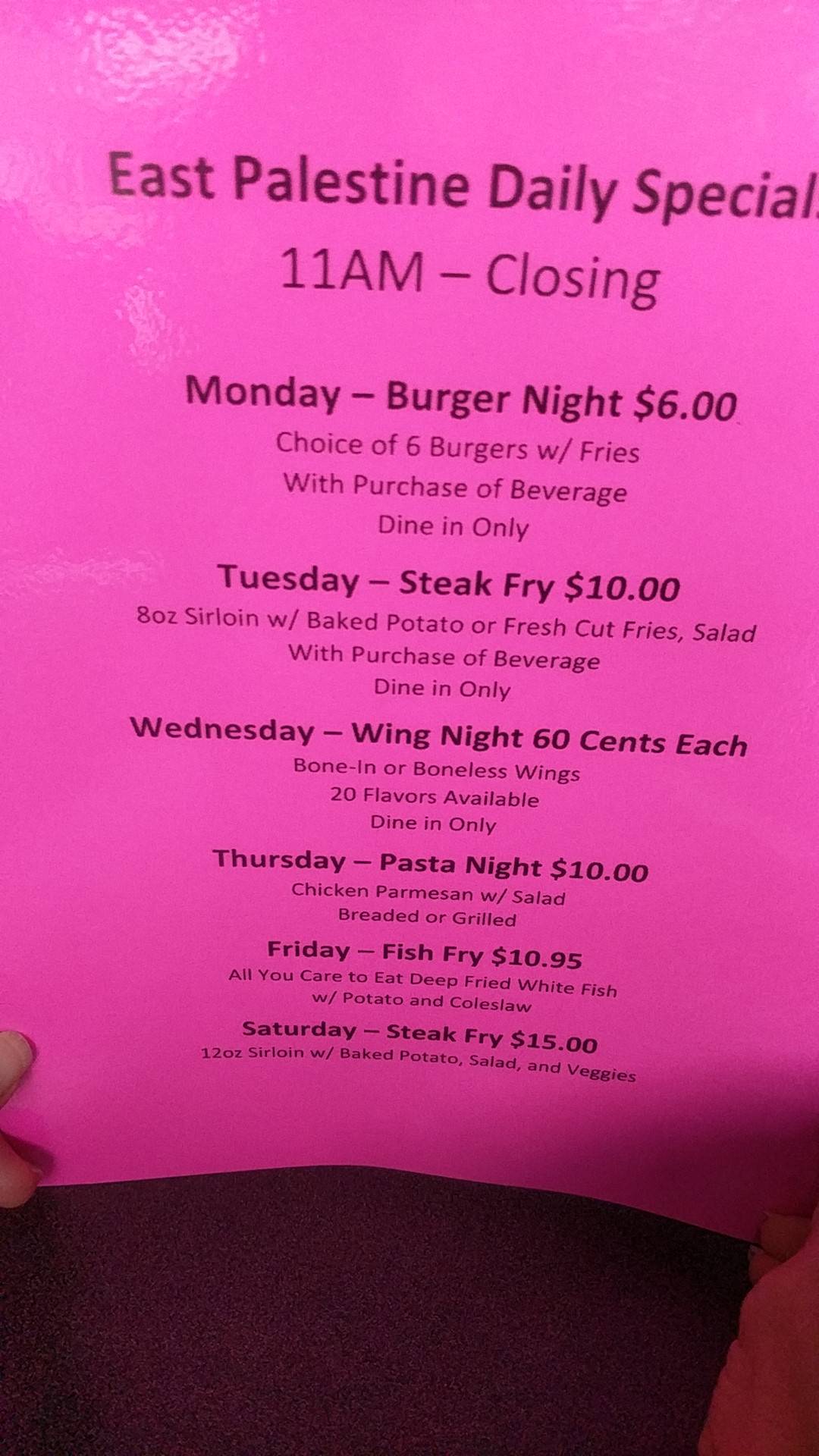 Menu at The Original Roadhouse steakhouse, East Palestine