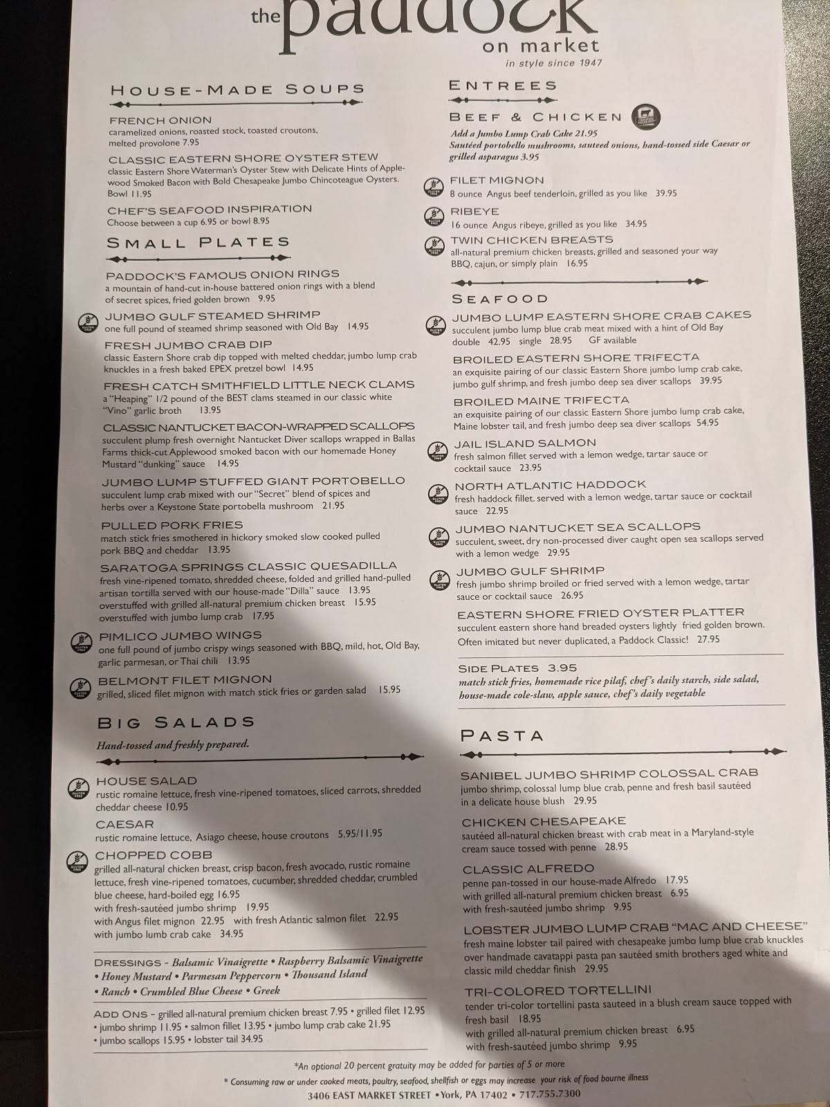 Menu at The Paddock on Market pub & bar, Yorklyn
