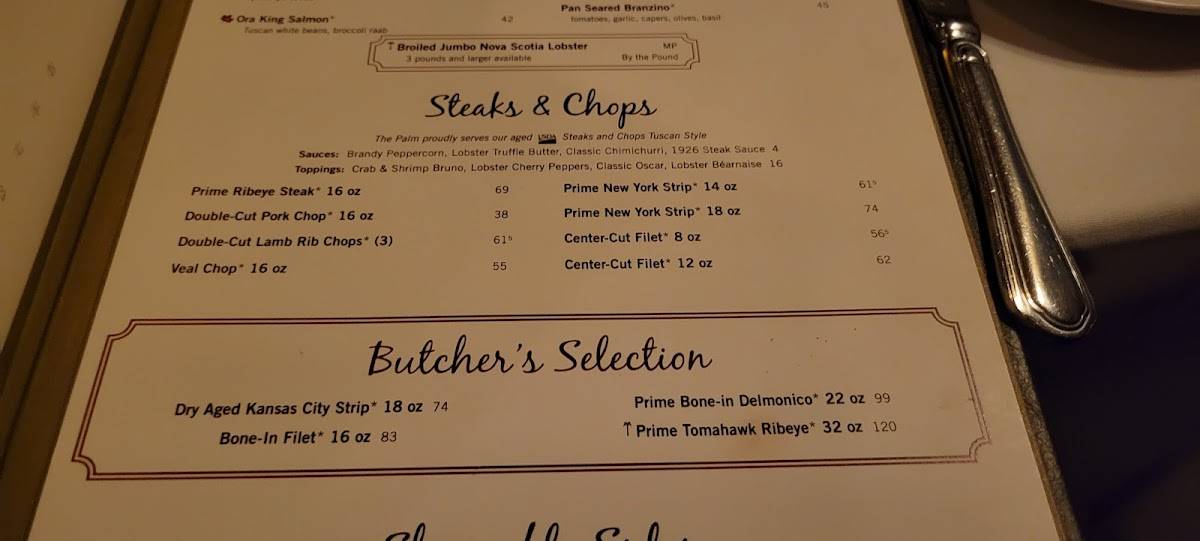 Menu at The Palm - Miami steakhouse, Bay Harbor Islands, E Bay Harbor Dr
