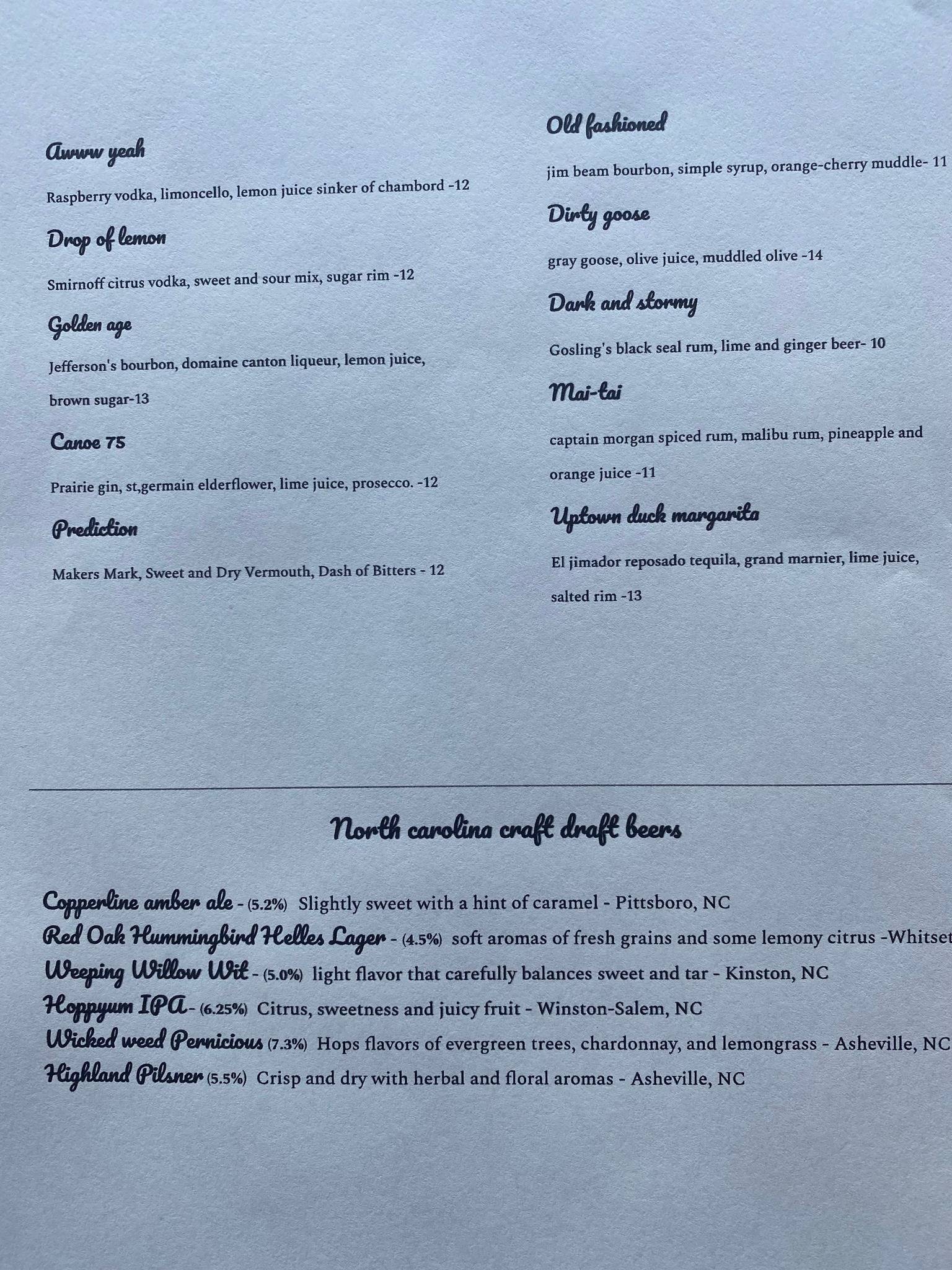 Menu at The Paper Canoe restaurant, Duck