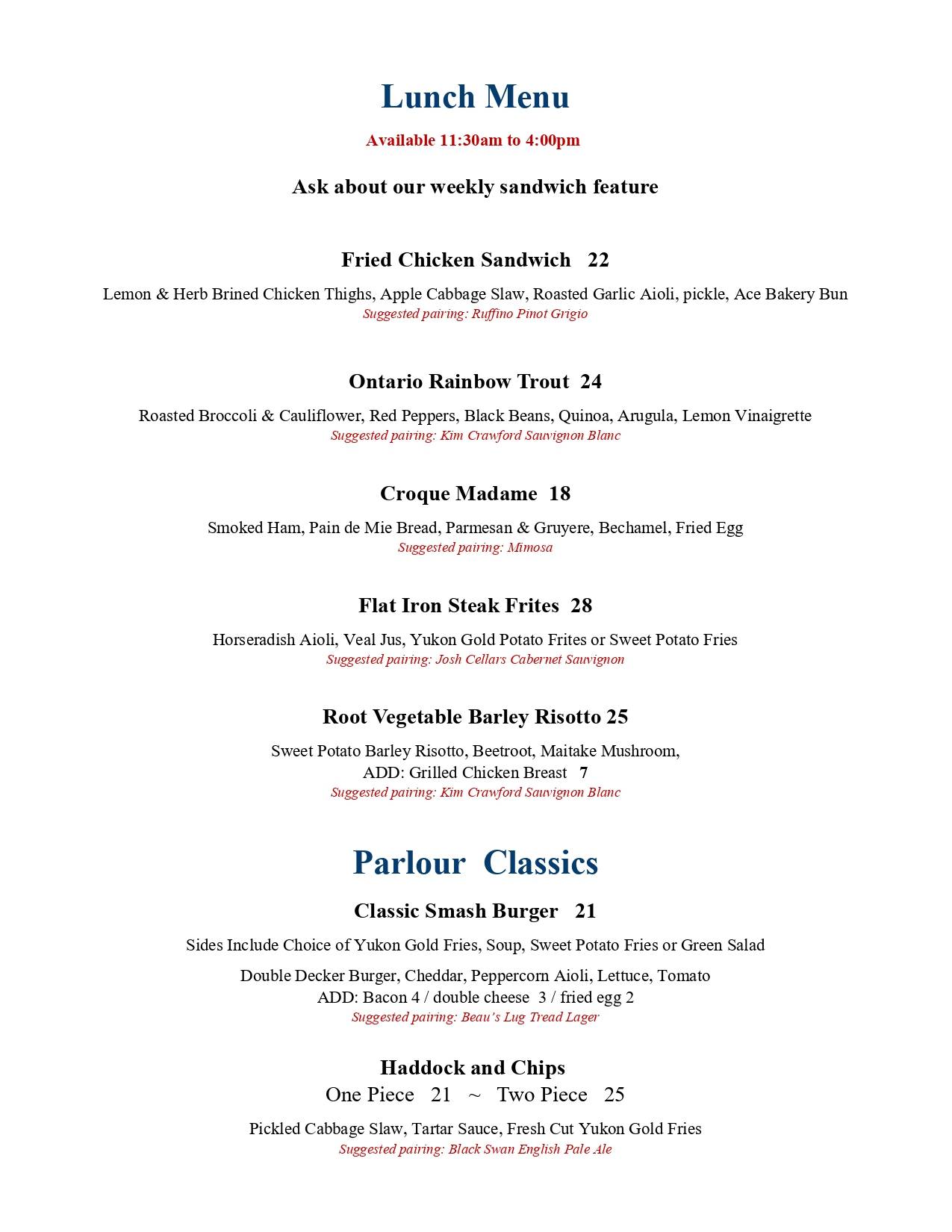 Menu at The Parlour Inn Restaurant, Stratford