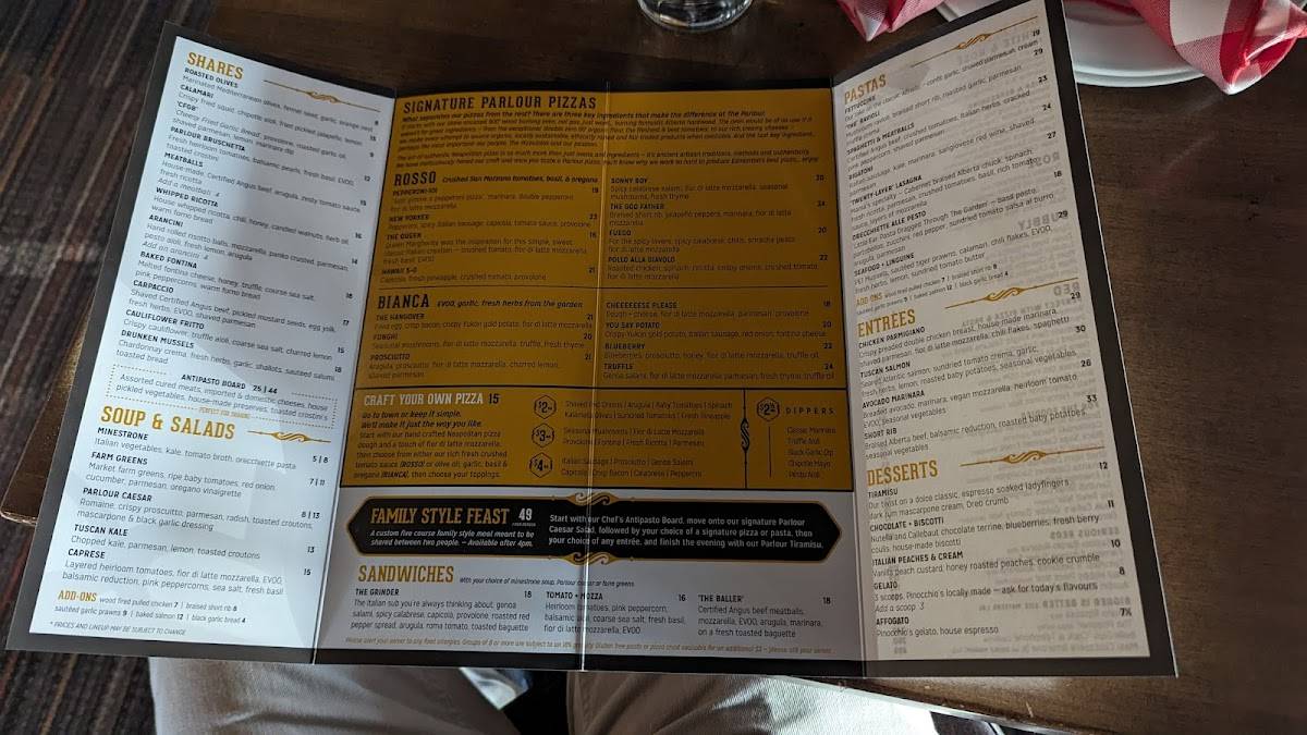 Menu at The Parlour Italian Kitchen & Bar, Edmonton