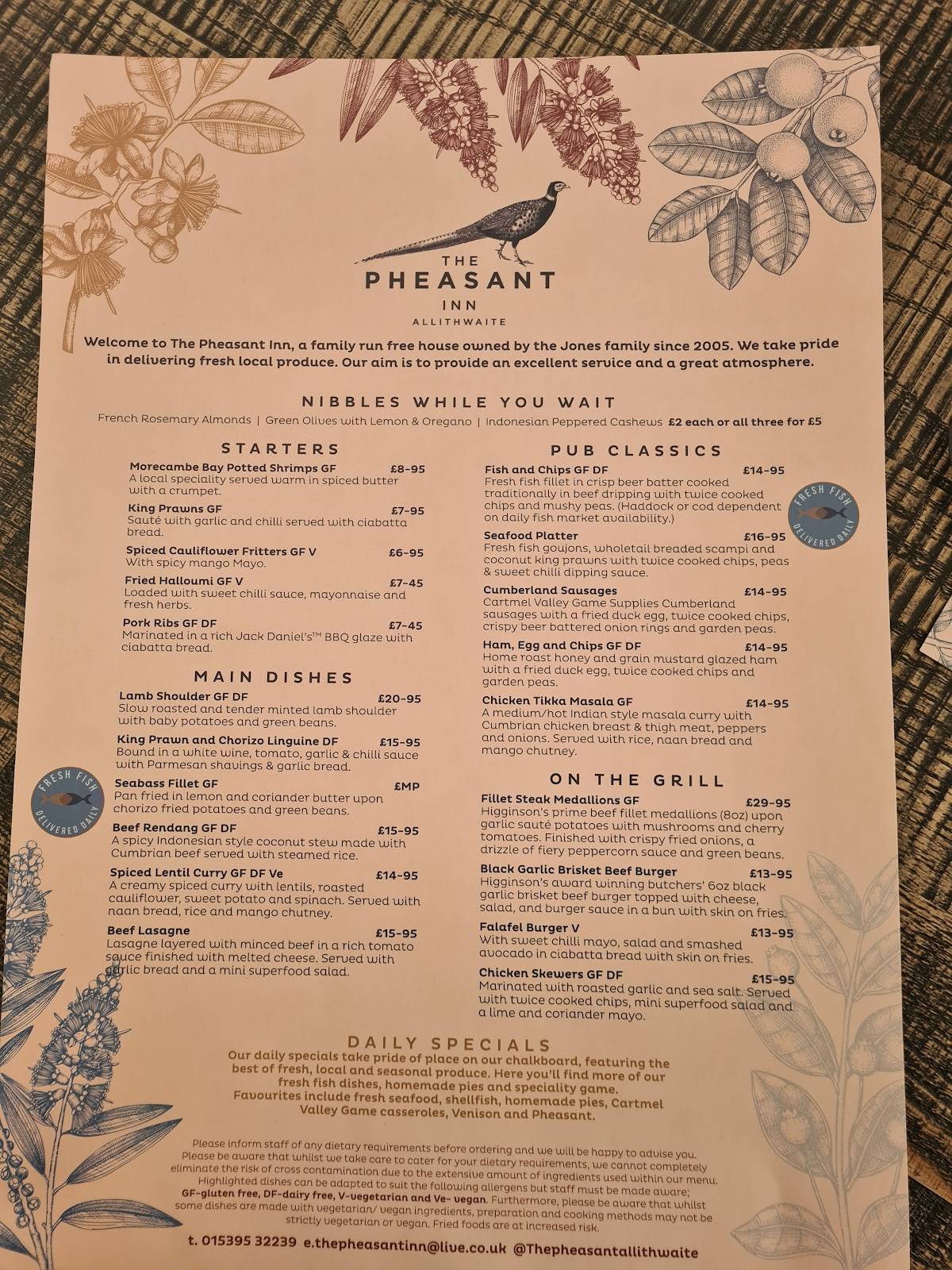 Menu at The Pheasant Inn pub & bar, Grange-over-Sands