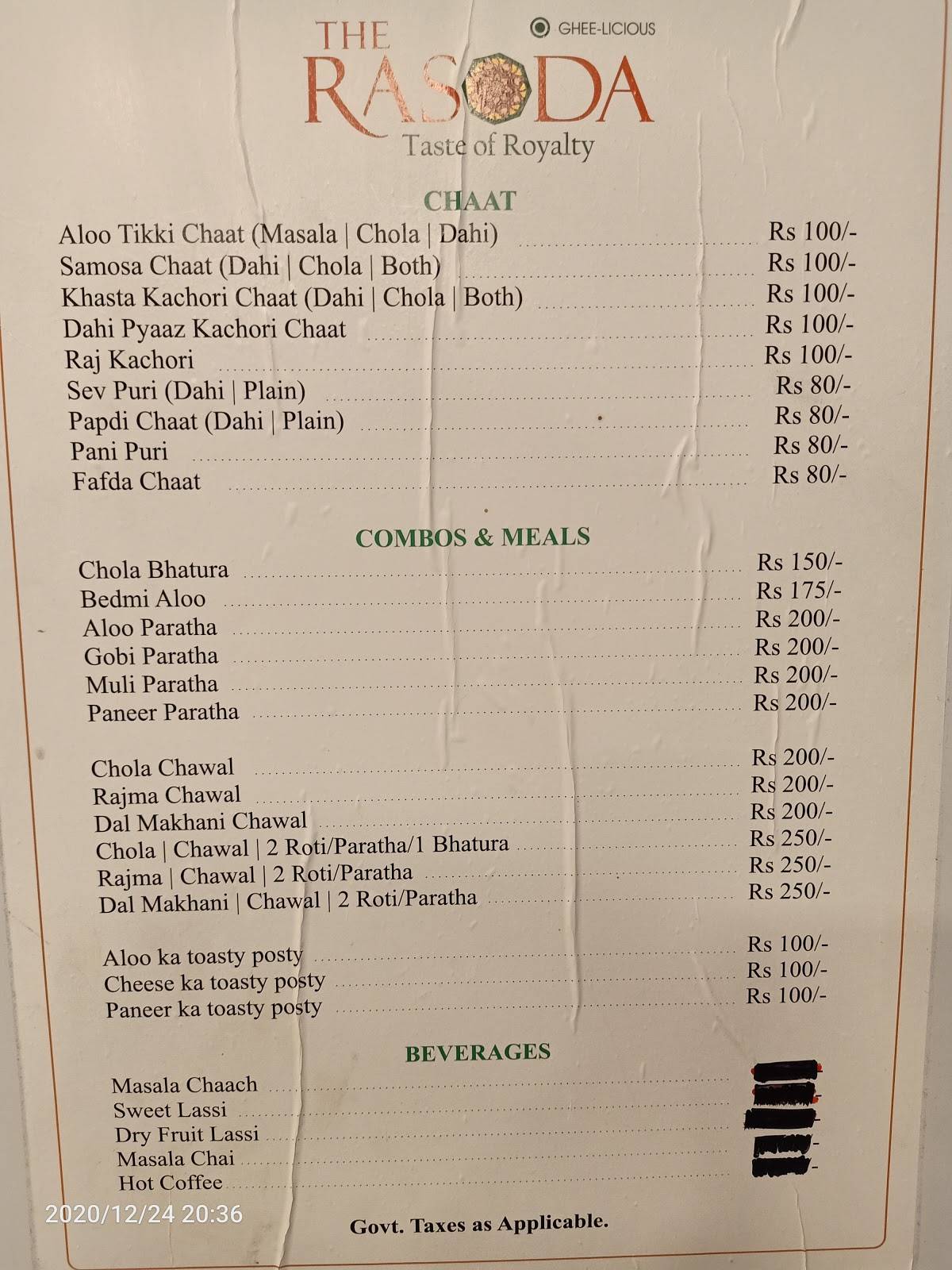 Menu at The Rasoda, Povorim - Mithai Shop & Snacks, Pilerne