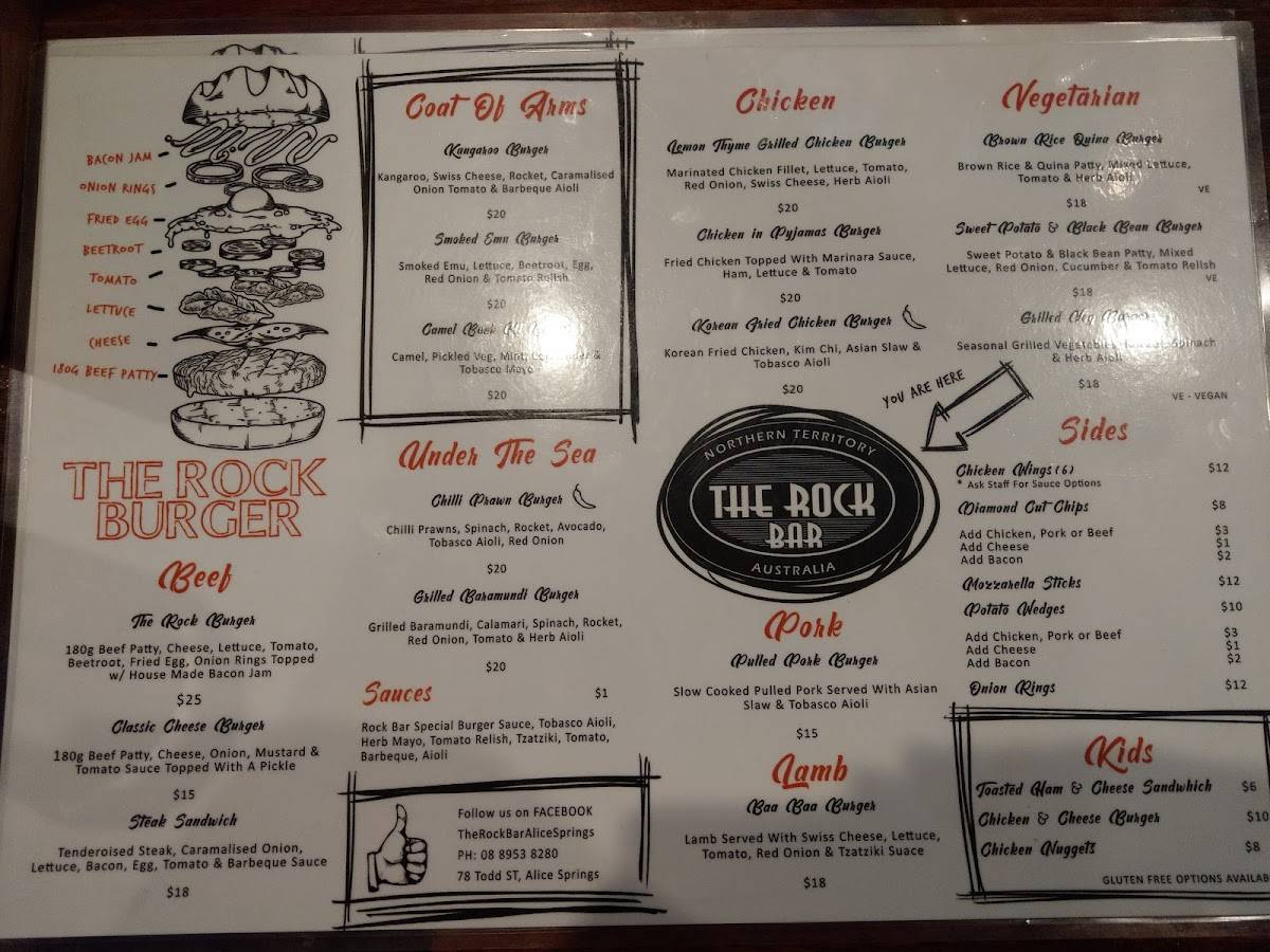 Menu at The Rock Bar, Alice Springs, 78 Todd St