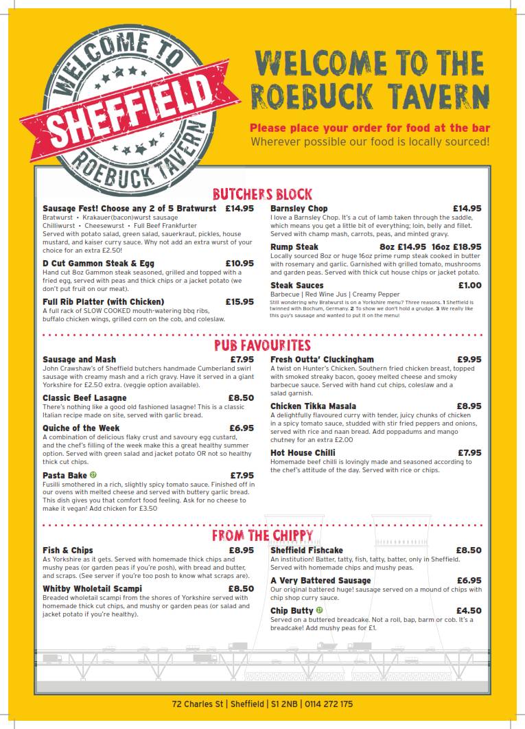 Menu at The Roebuck Tavern and Kitchen pub & bar, Sheffield