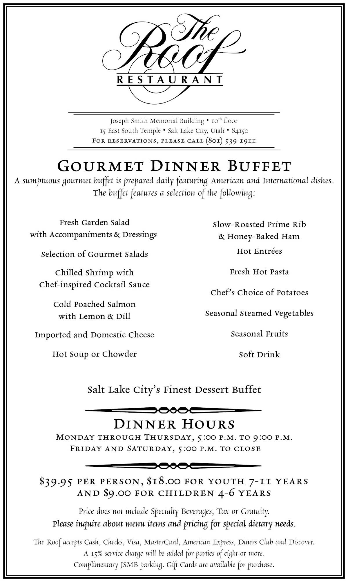 Menu at The Roof restaurant, Salt Lake City