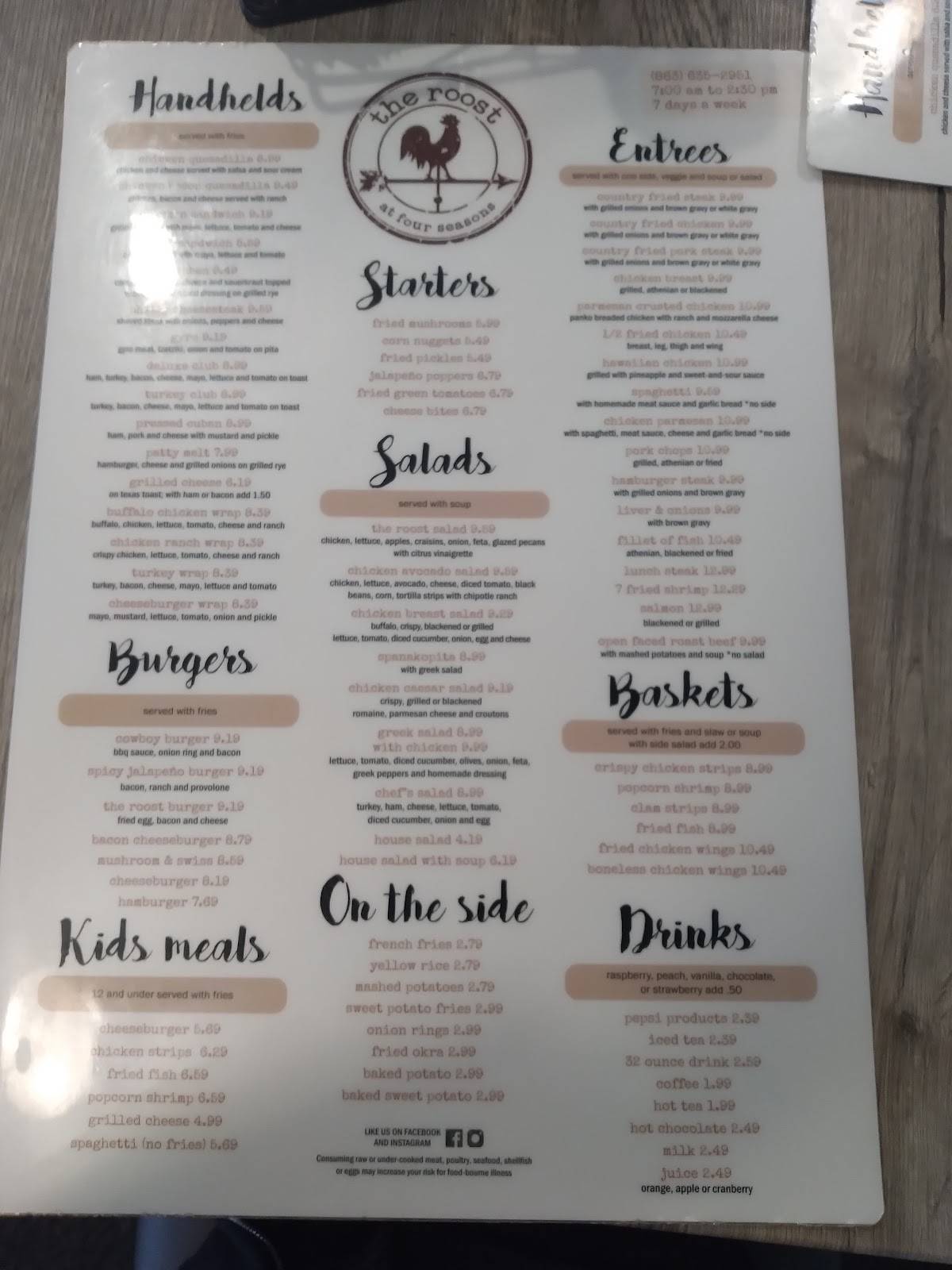 Menu at The Roost at Four Seasons restaurant, Frostproof, US Hwy 27