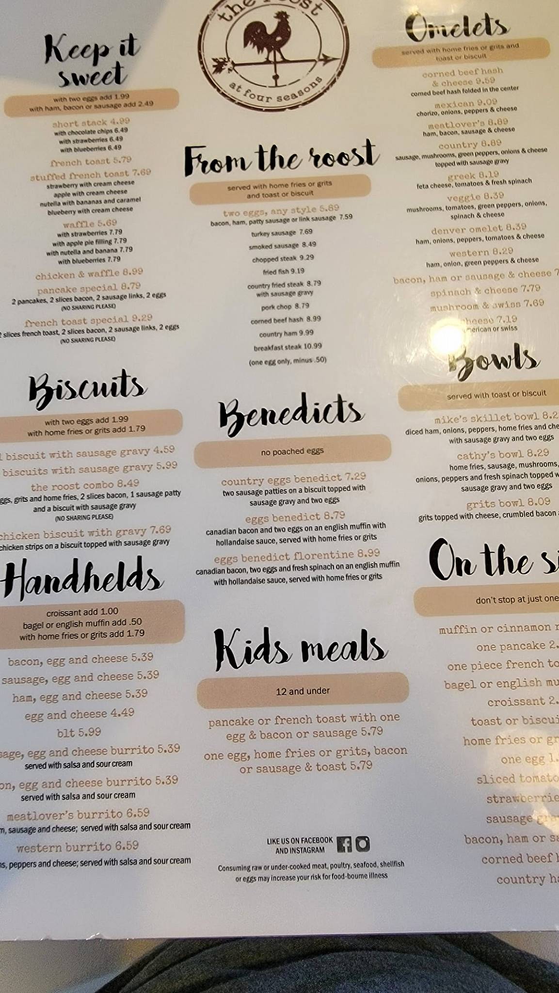 Menu at The Roost at Four Seasons restaurant, Frostproof, US Hwy 27