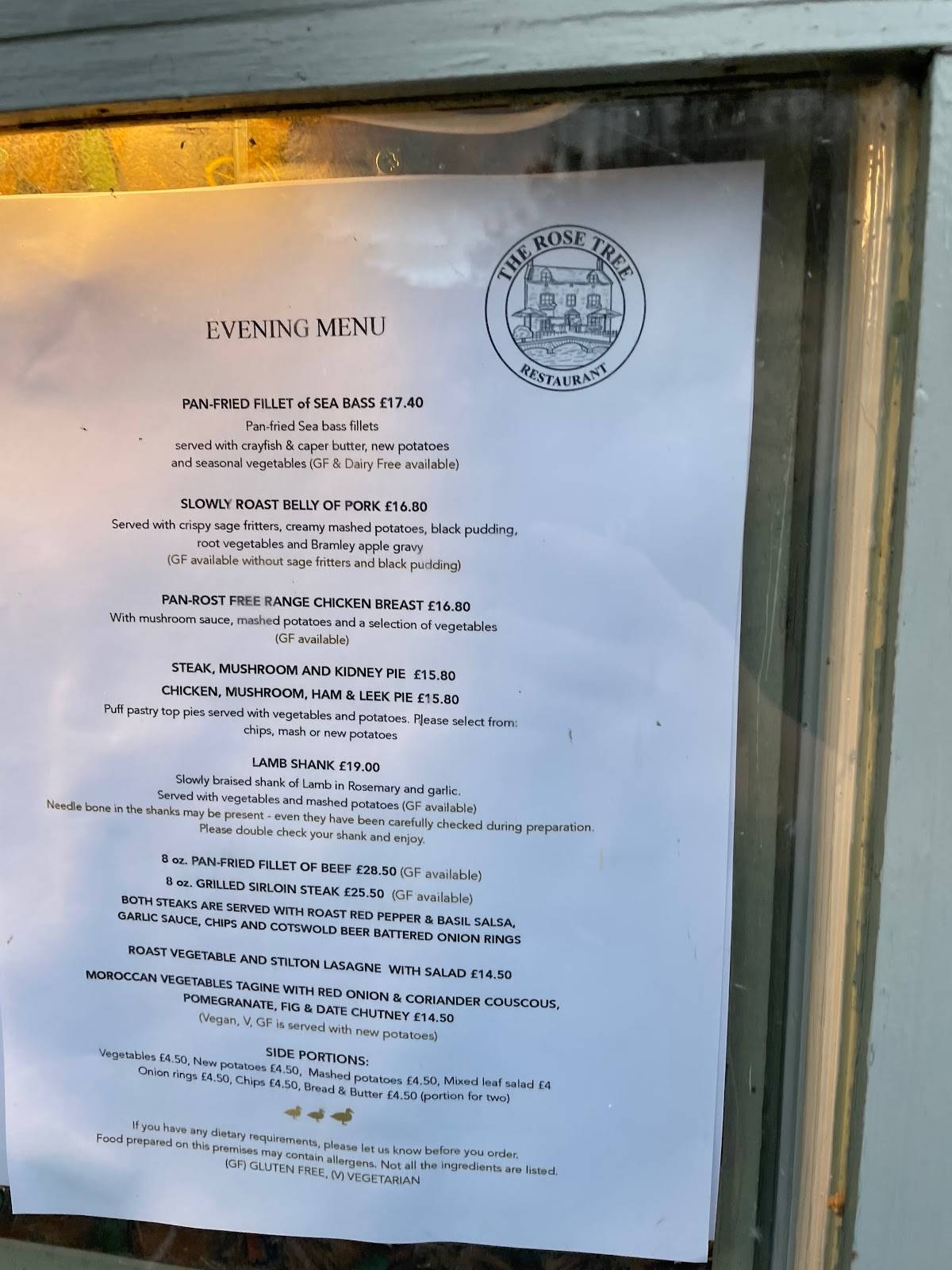 Menu at The Rose Tree Restaurant, Bourton-on-the-Water