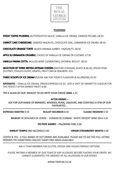 Menu at The Royal George pub & bar, Appledore, Irsha St