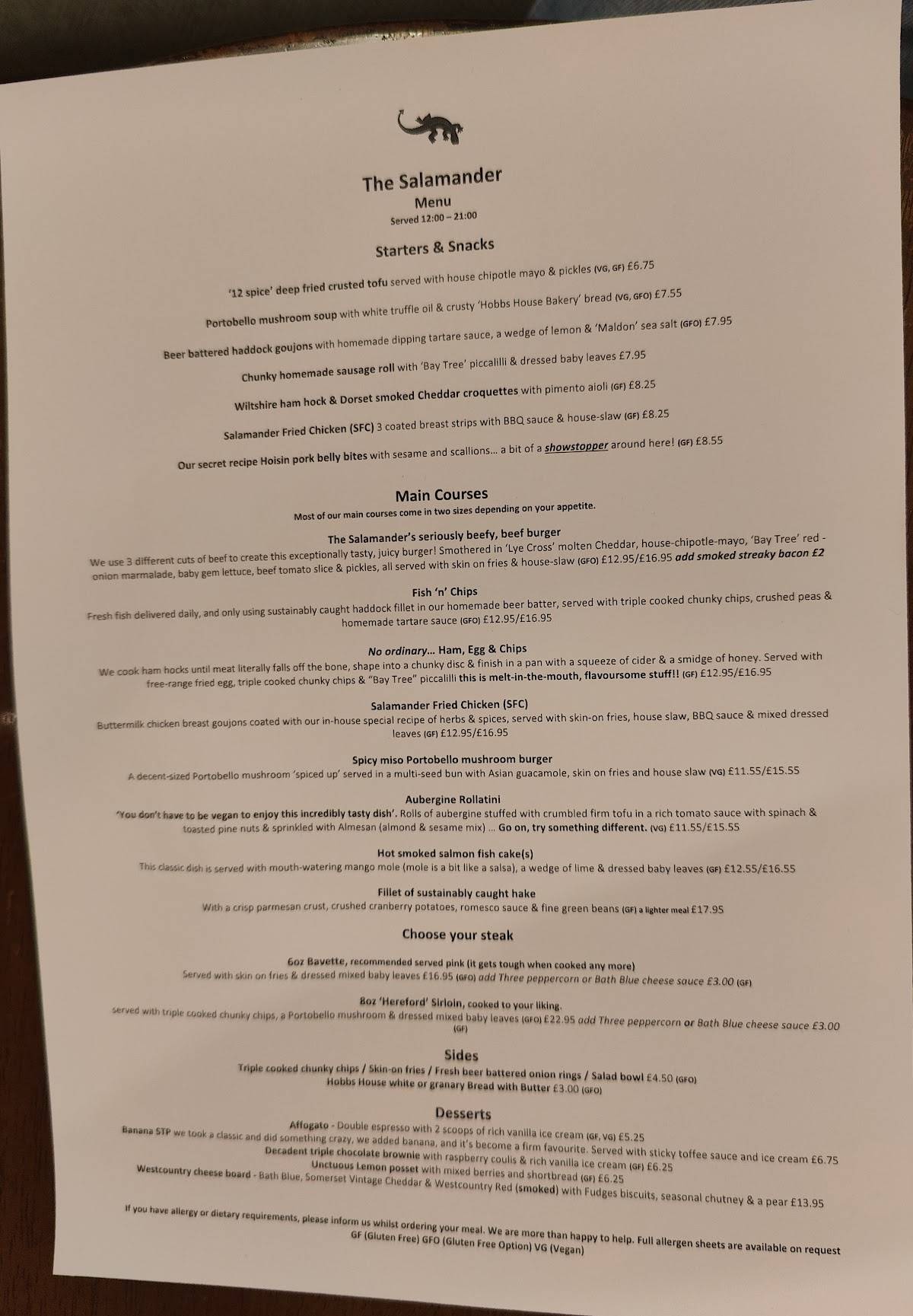 Menu at The Salamander - A Great British Pub., Bath