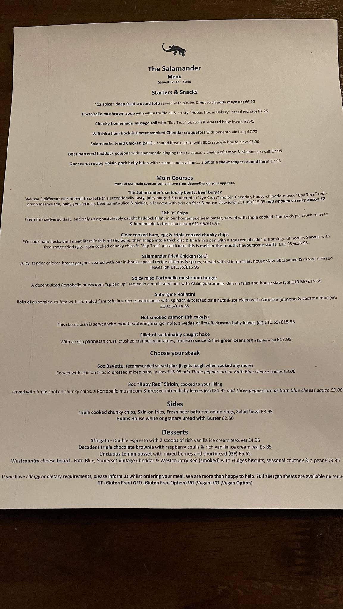 Menu at The Salamander - A Great British Pub., Bath