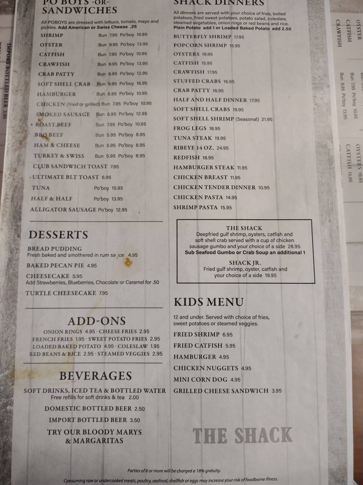 Menu at The Shack restaurant, Houma