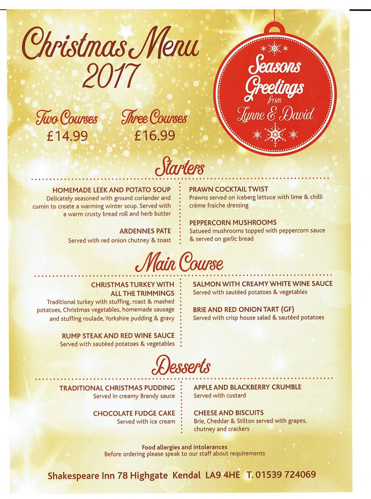 Menu at The Shakespeare Inn (B&B, Accommodation And Eatery) pub & bar ...