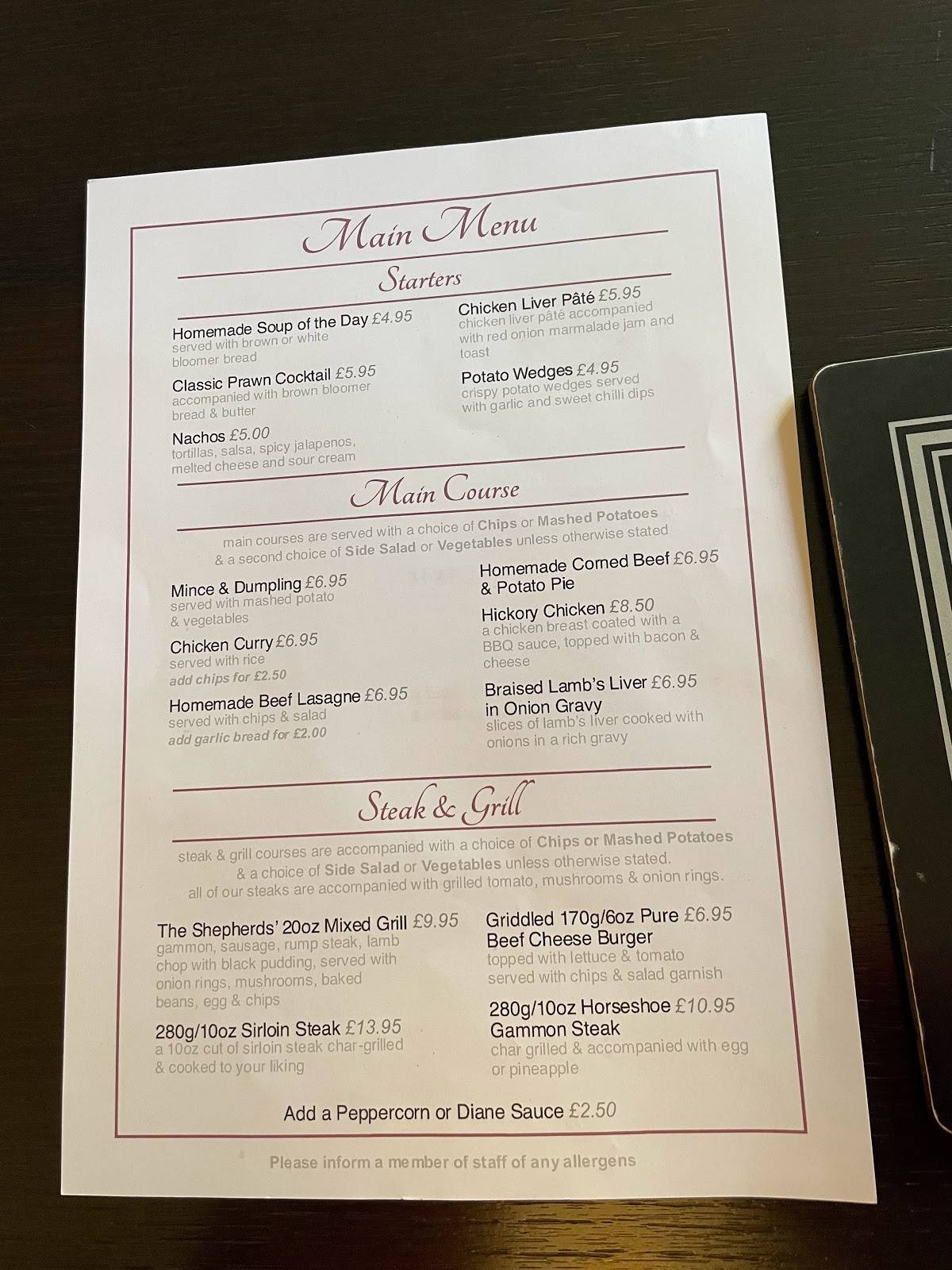 Menu at The Shepherd & Shepherdess Inn restaurant, Stanley
