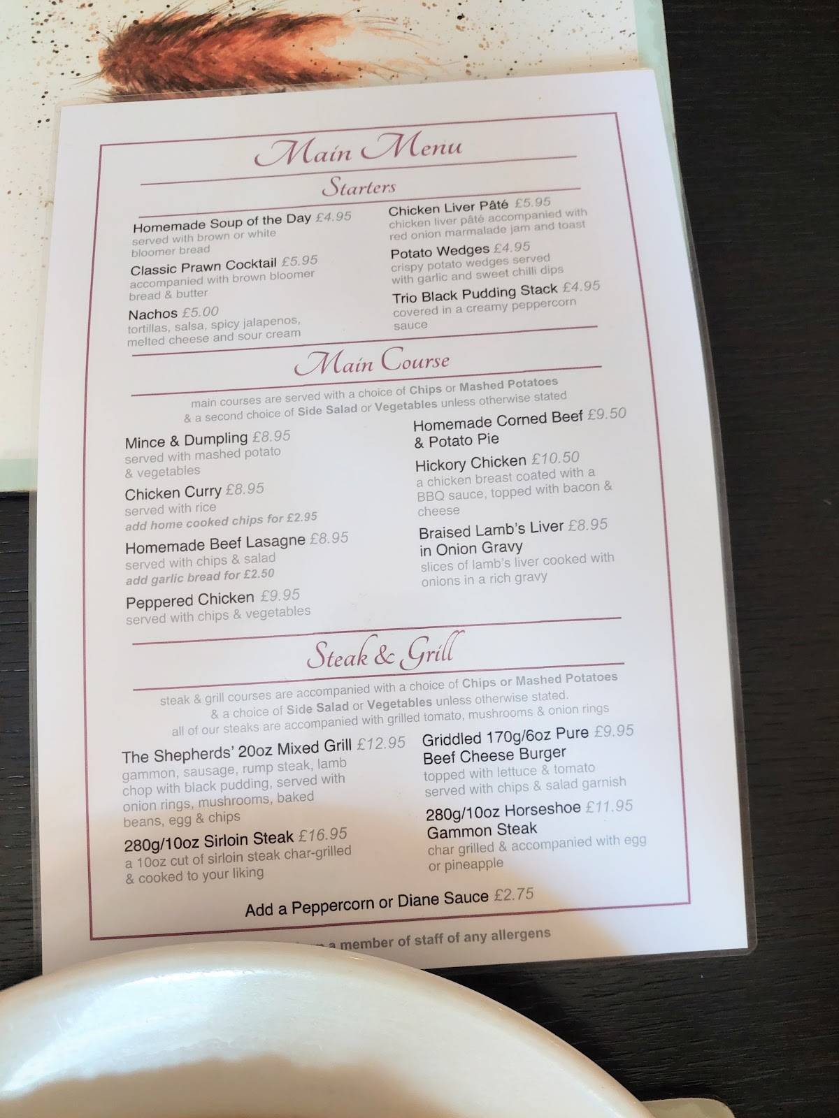 Menu at The Shepherd & Shepherdess Inn restaurant, Stanley