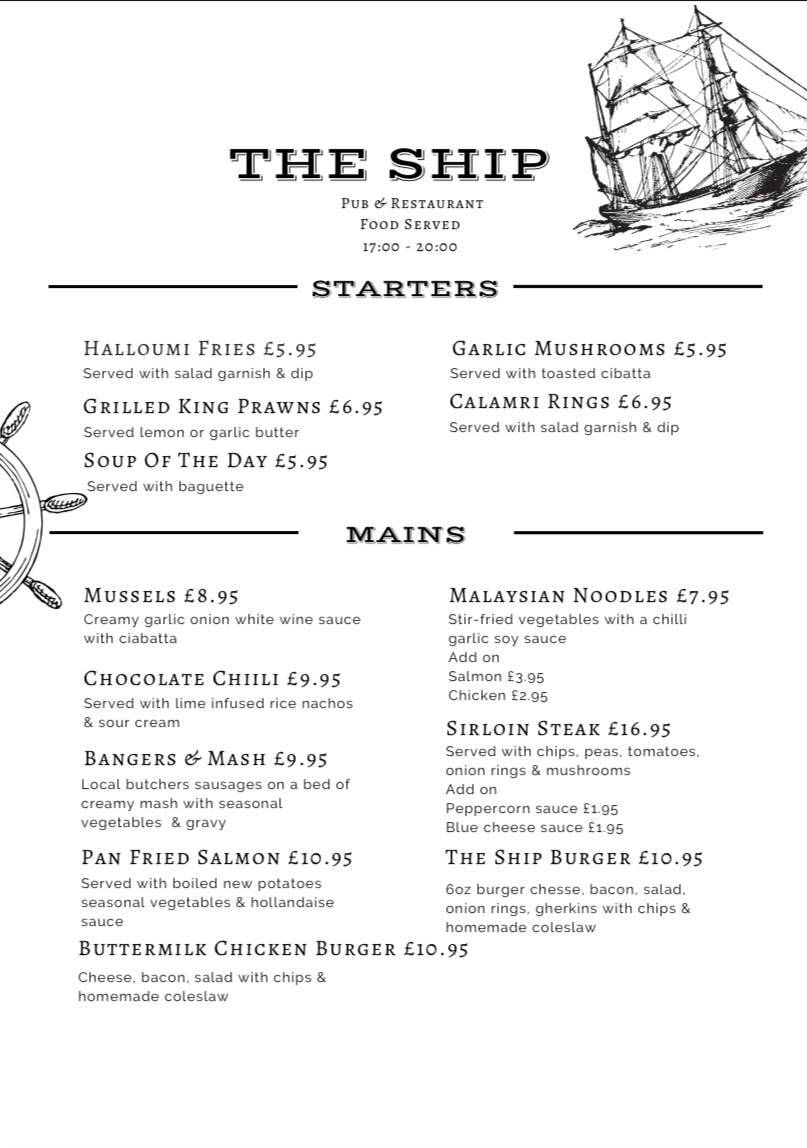 Menu at The Ship Inn pub & bar, Caister-on-Sea