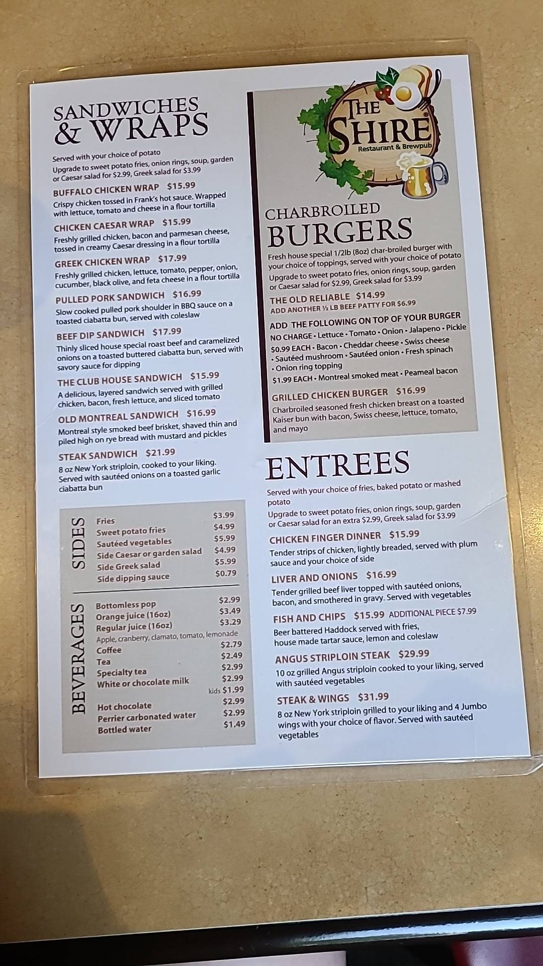 Menu at The Shire pub & bar, Simcoe