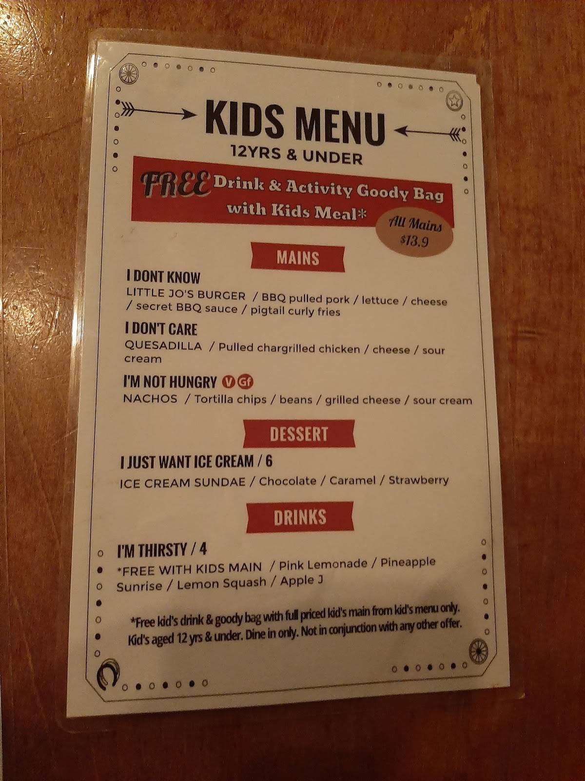 Menu at The Smoking Barrel, Motueka