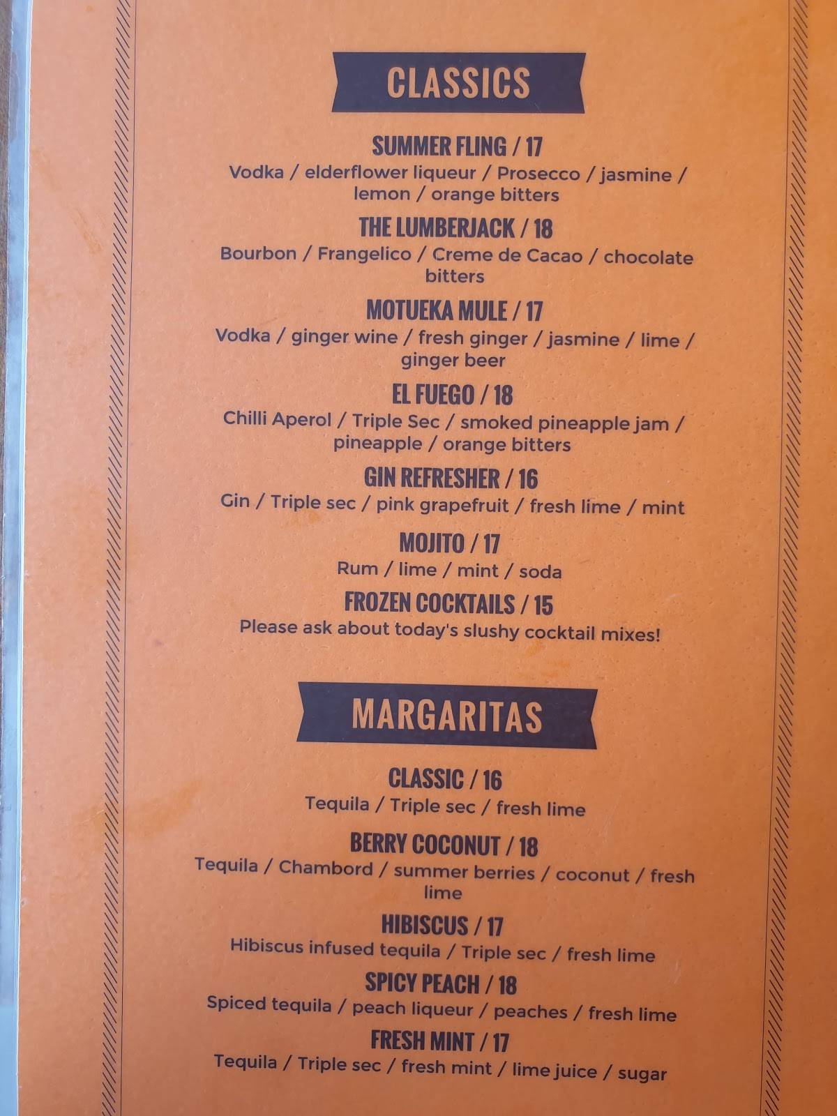 Menu at The Smoking Barrel, Motueka