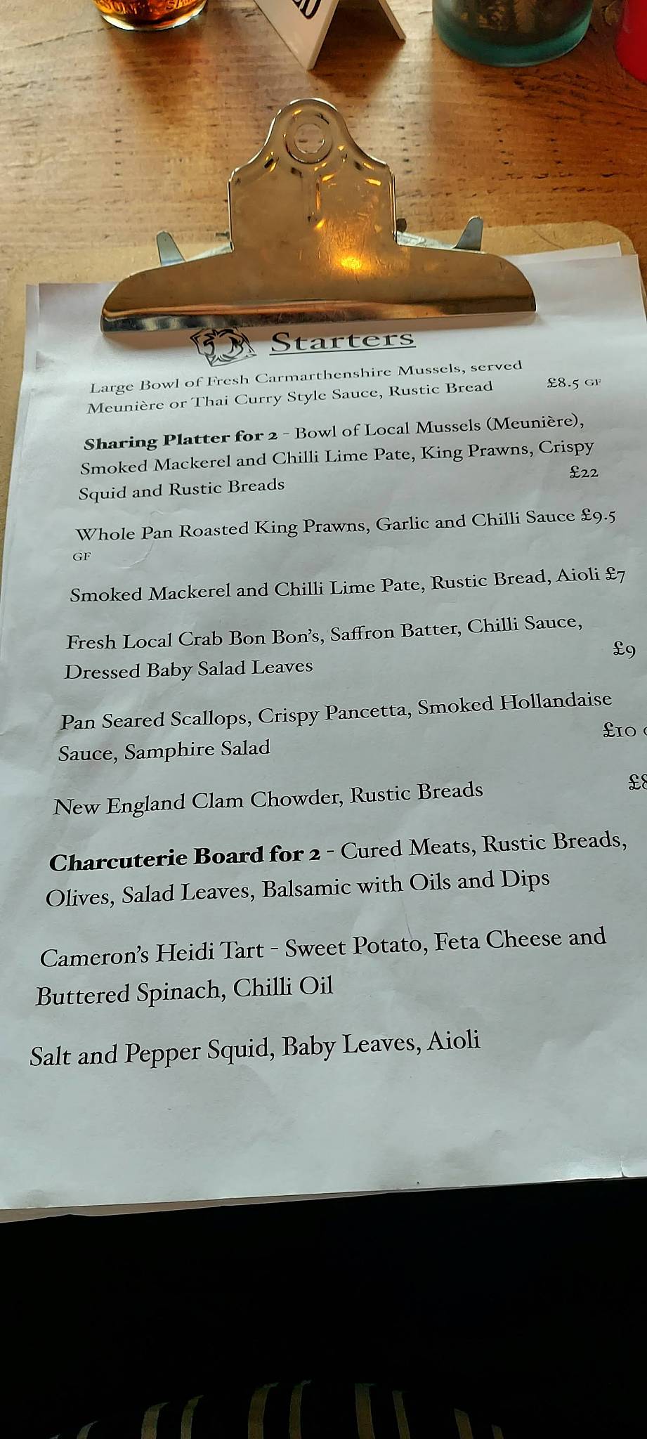 Menu at The Stone Crab restaurant, Saundersfoot