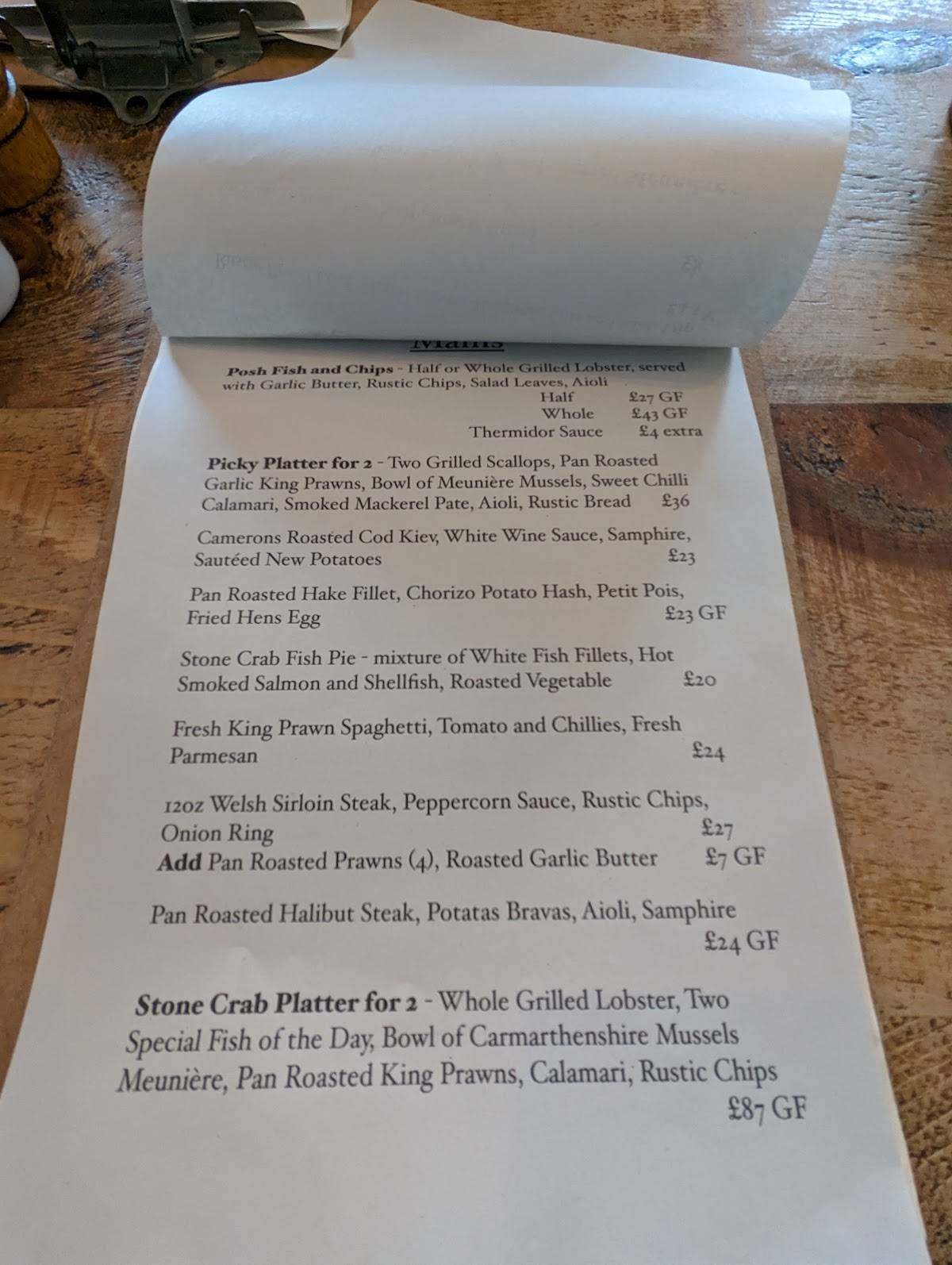 Menu at The Stone Crab restaurant, Saundersfoot